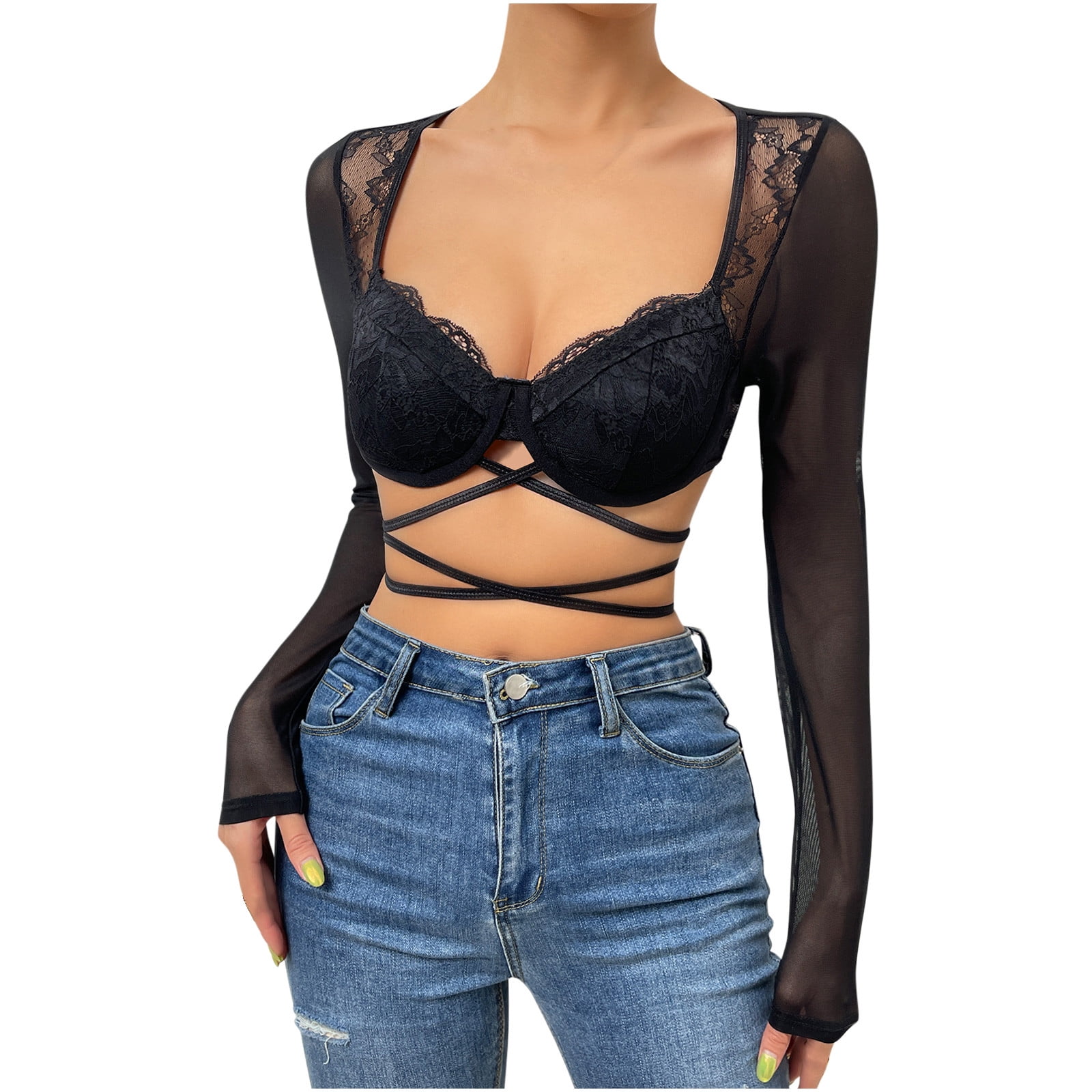 Uyisj Womens V Neck Lace Trim Crop Top Mesh Long Sleeve Criss Cross