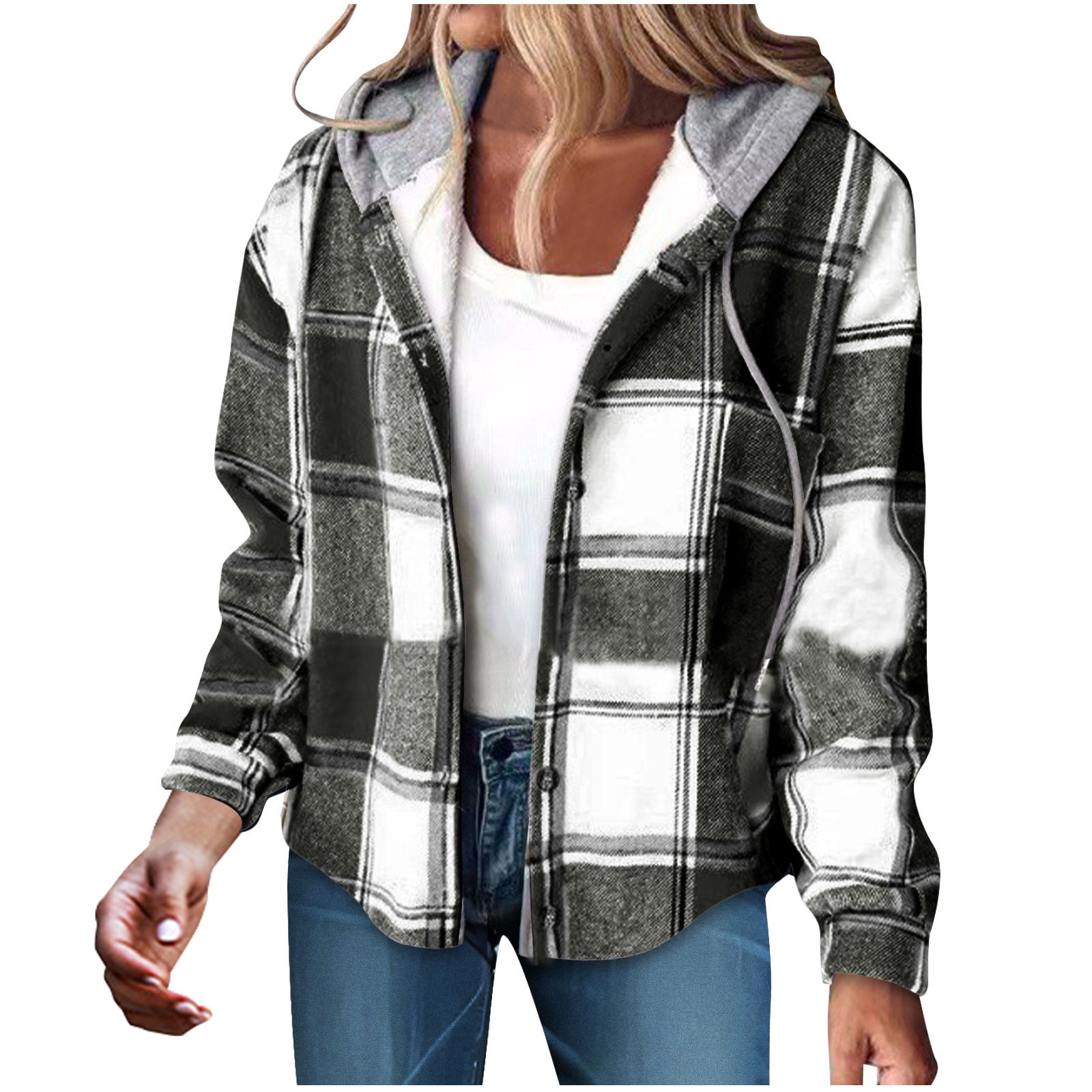 UYISJ Womens Oversize Hoodie Plaid Flannel Shirt Coats Long Sleeve Fall ...
