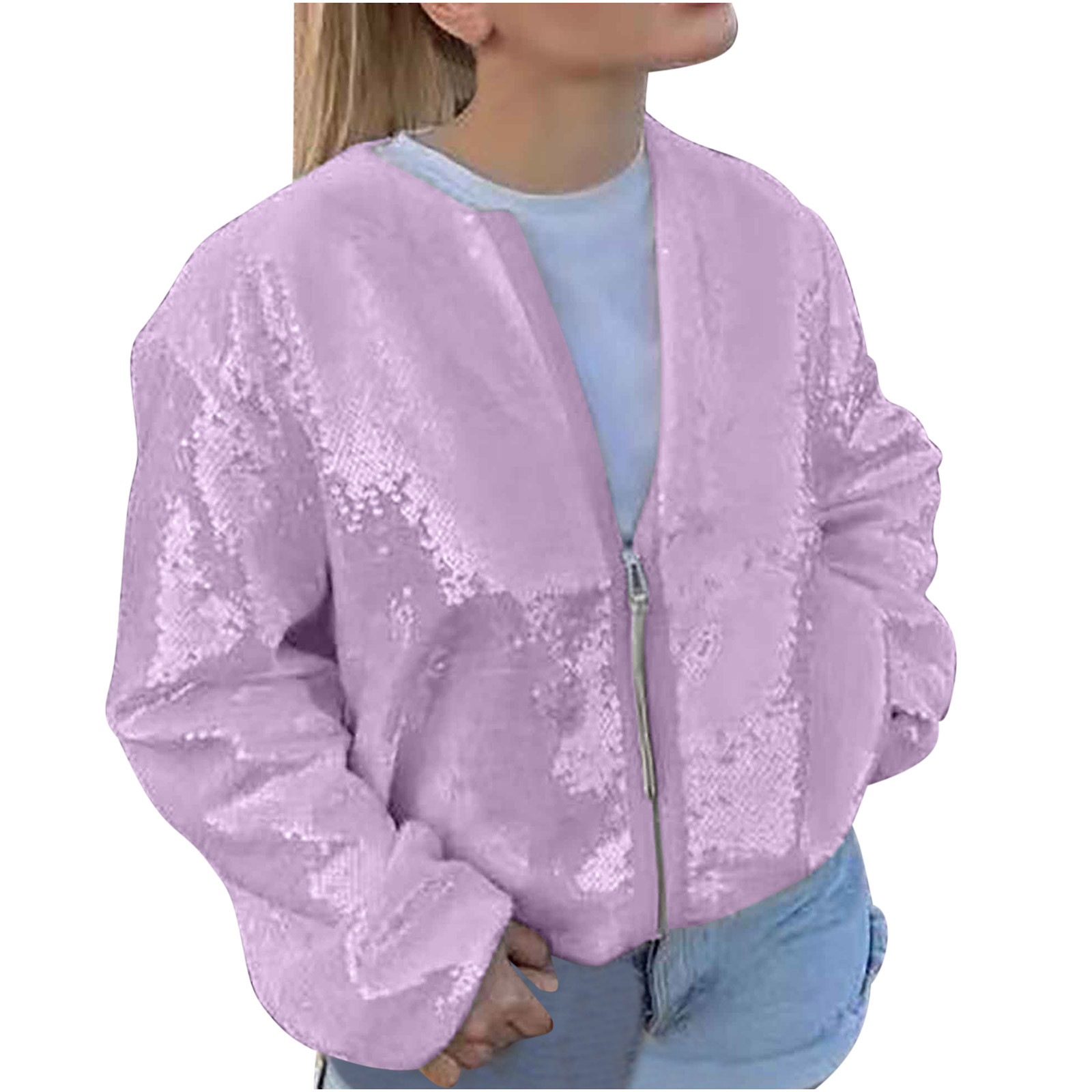 UYISJ Womens Sequin Jacket Bomber Coat Long Sleeve Cropped Zip Up Party ...