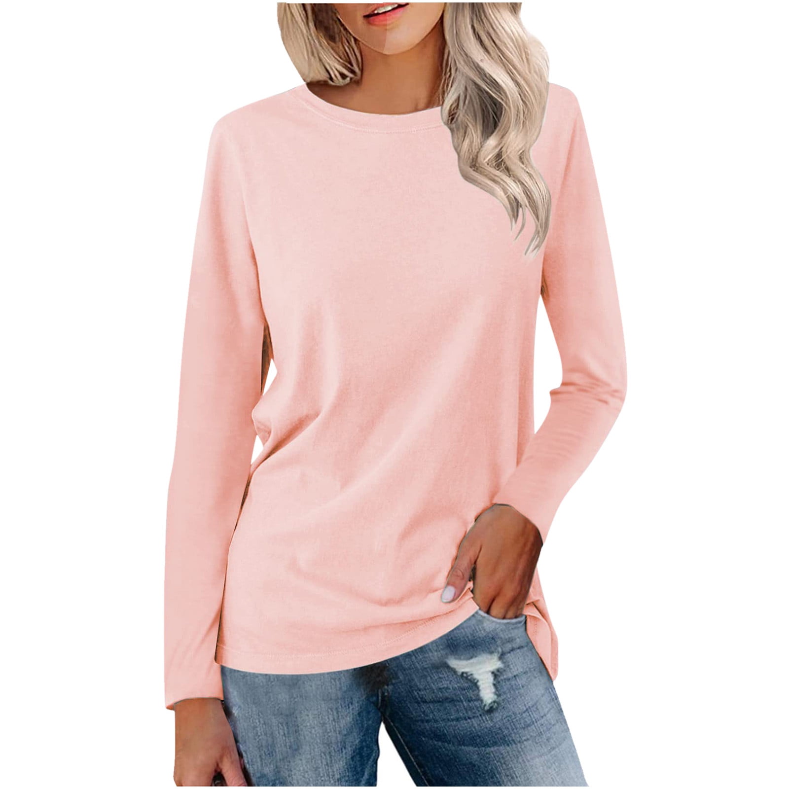 UYISJ Womens T Shirts Long Sleeve Crew Neck Shirts Solid Color Basic Tee Tops Casual Loose ...