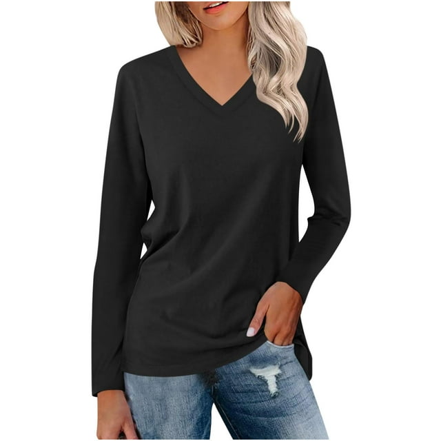 UYISJ Womens T Shirts V Neck Long Sleeve Casual Tops Soft Solid Color ...