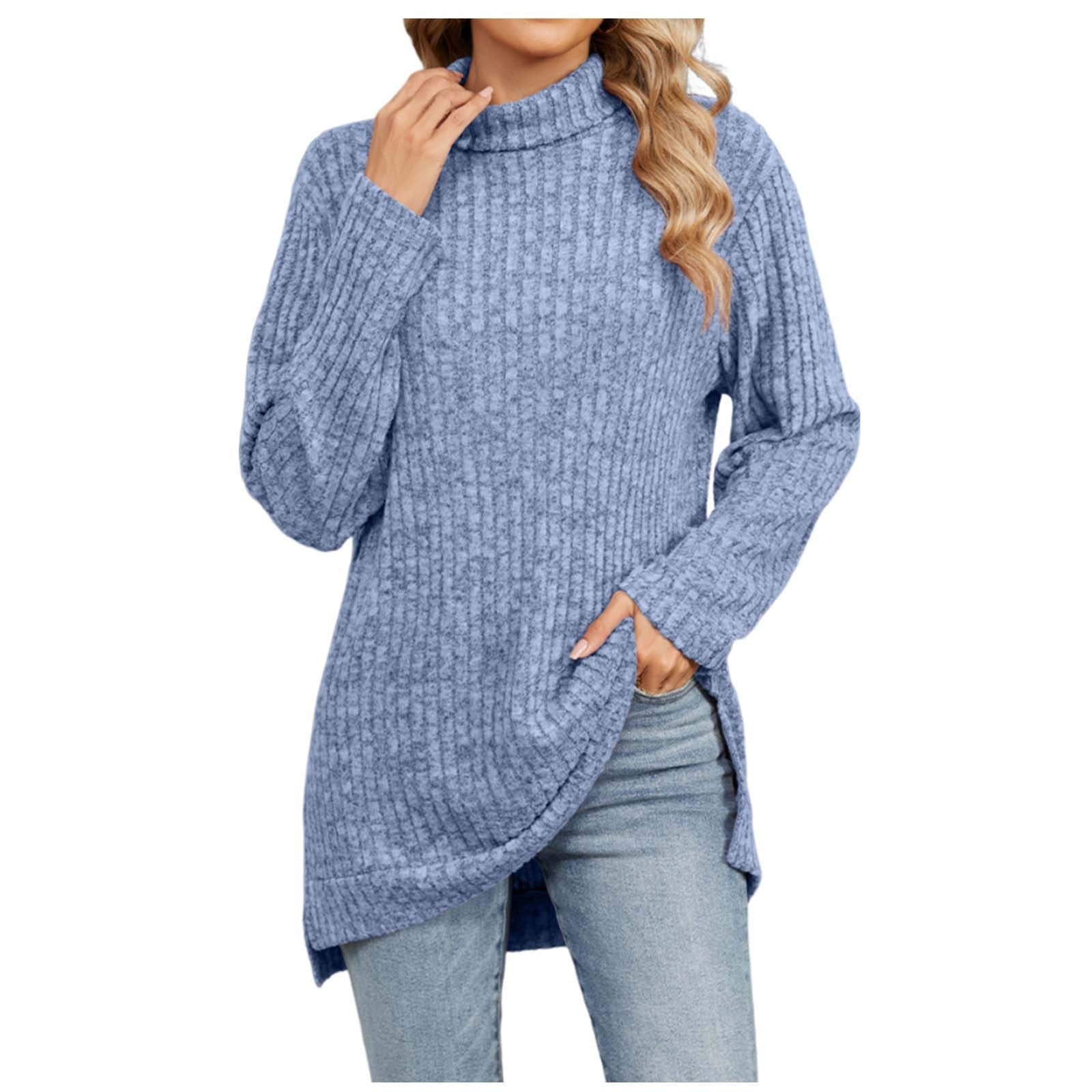 UYISJ Womens Tunic Sweaters Turtleneck Long Sleeve Side Split Ribbed Knit Tops High Low ...