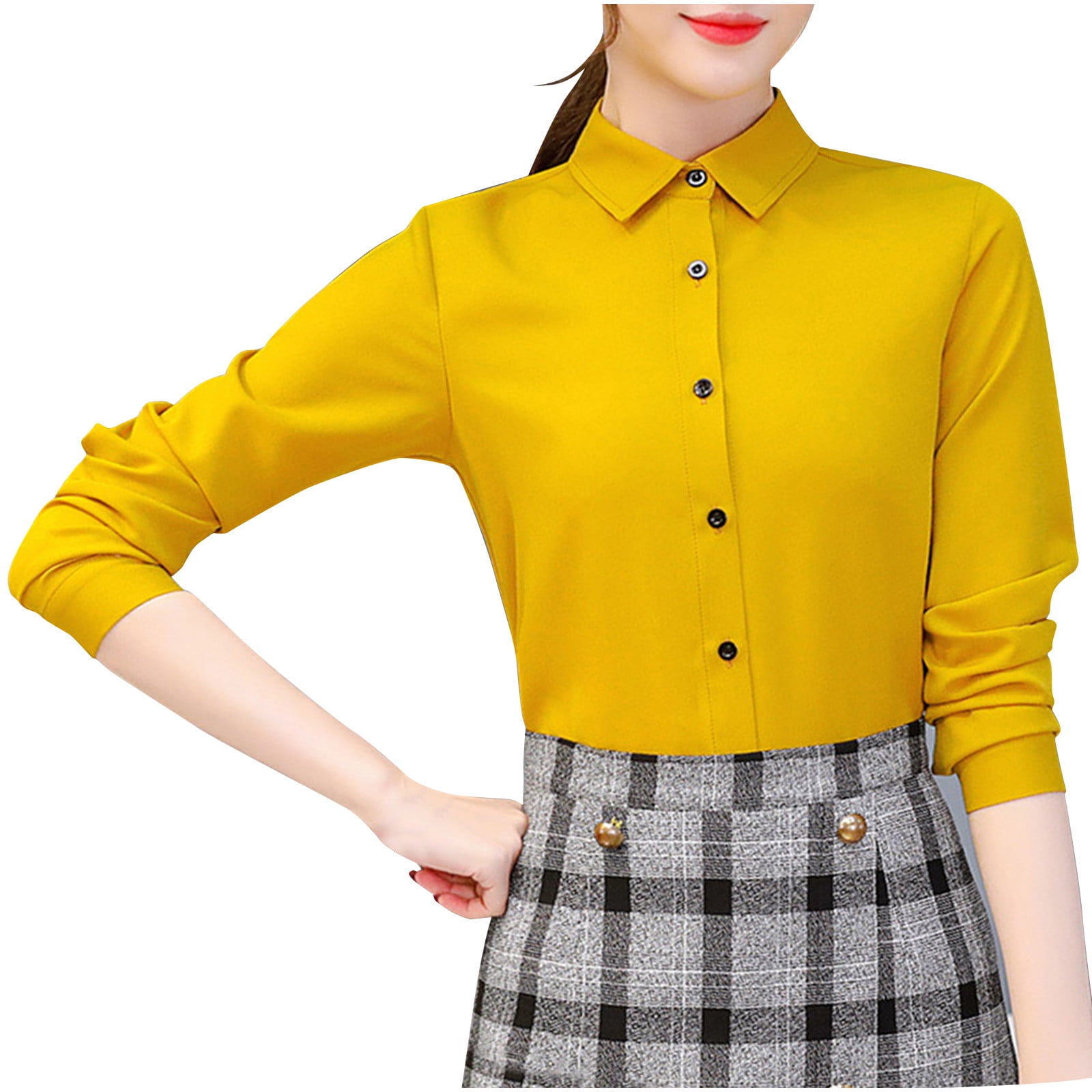 UYISJ Womens Work Tops Long Sleeve Button down Shirts Classic Lapel ...