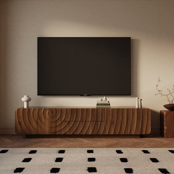 UZUGUL 4-Door 2-Drawer Walnut Credenza, Arc Wave Carved Design, Low ...