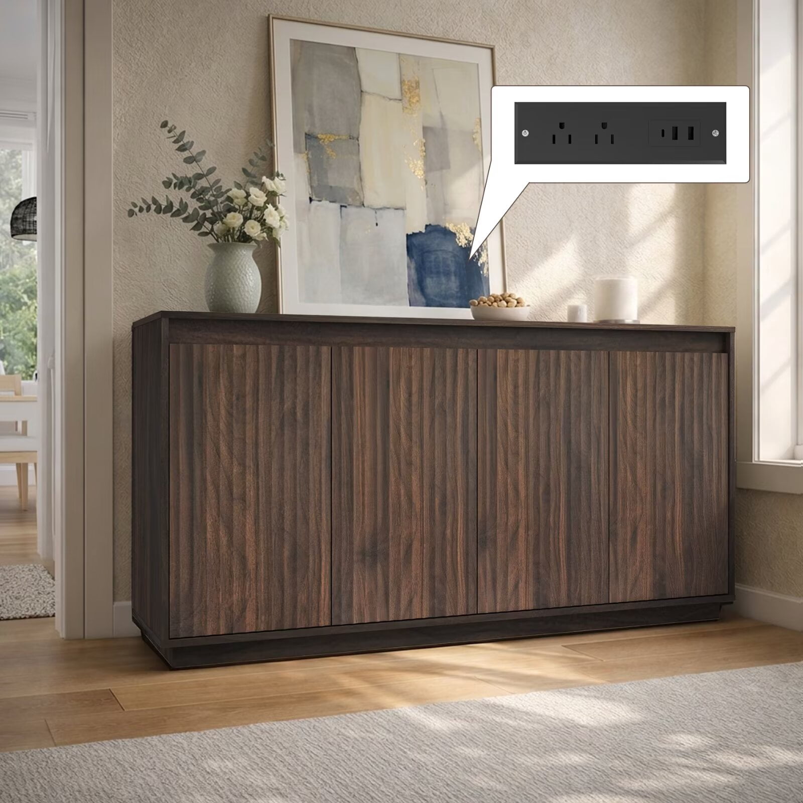 UZUGUL 4-Door Walnut Buffet Cabinet, Square Corner Handle-less ...