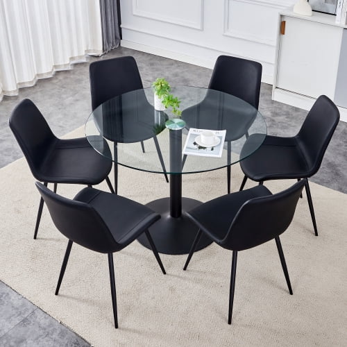 UZUGUL 7 Piece Round Glass Dining Table Set, Round Glass Kitchen Table ...