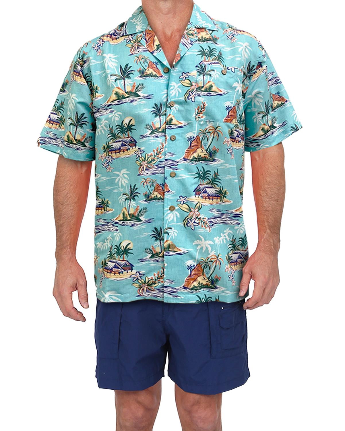 UZZI Mens Hawaiian Casual Button Down Short Sleeve Beach Tiki Hut Print Party Shirt, Aqua Tiki ...
