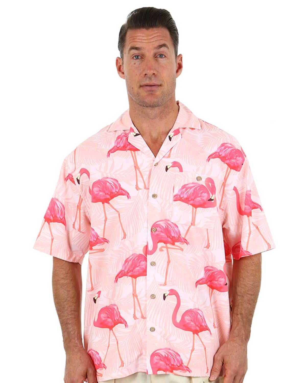 UZZI Mens Hawaiian Casual Button Down Short Sleeve Beach flamingo Party ...