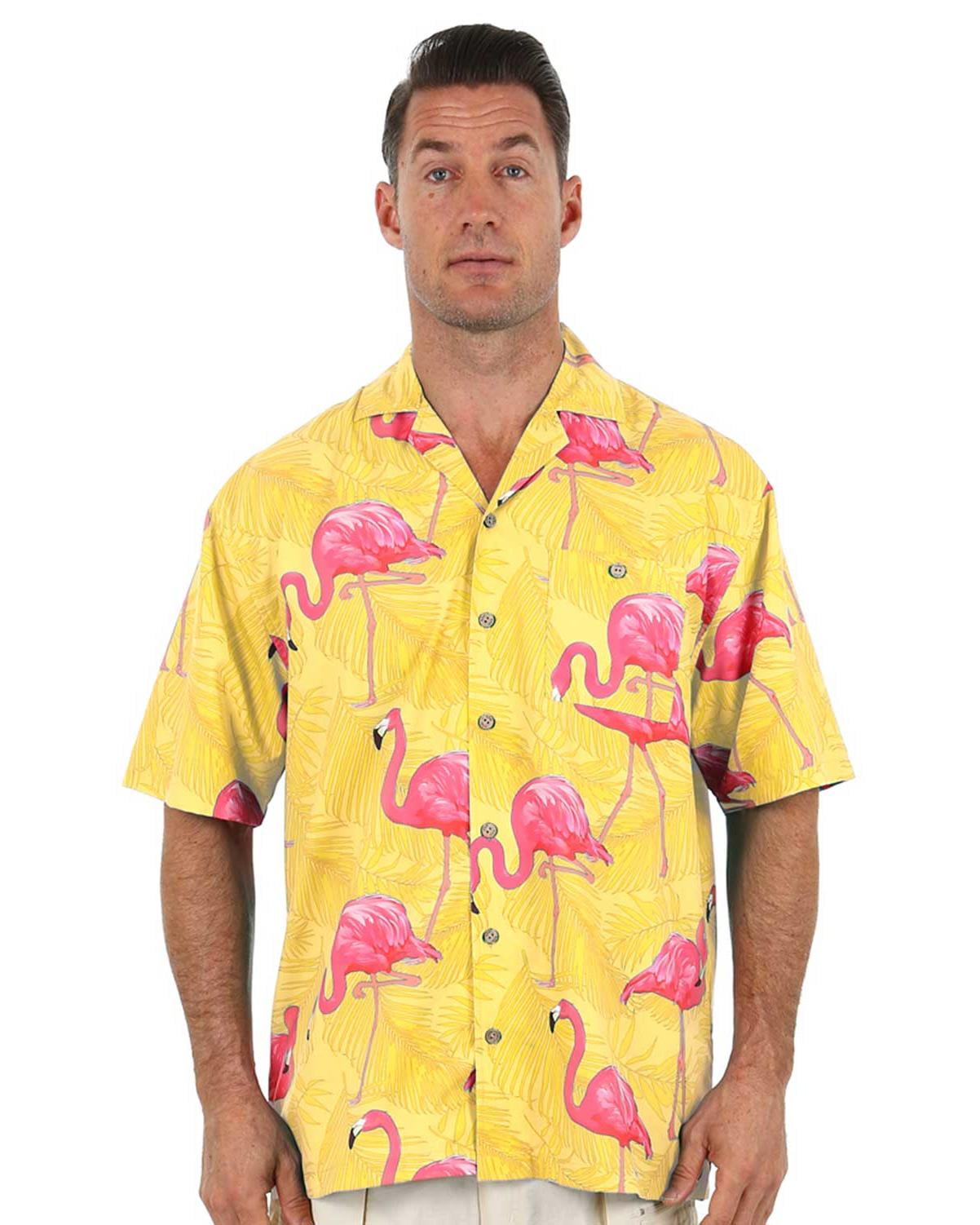 UZZI Mens Hawaiian Casual Button Down Short Sleeve Beach flamingo Party ...