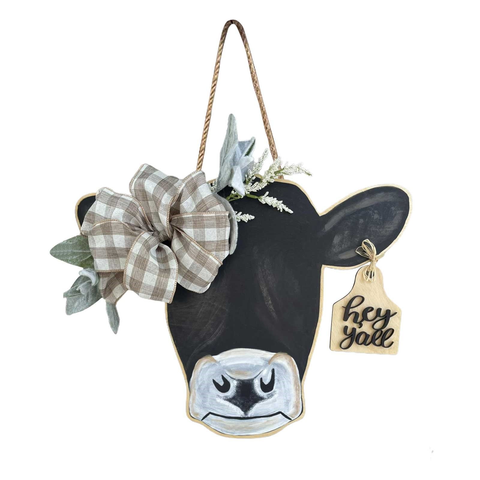 Uanit Cow Head Wreath Wooden Sign 13x11 Inch, Outdoor Cow Welcome Door ...