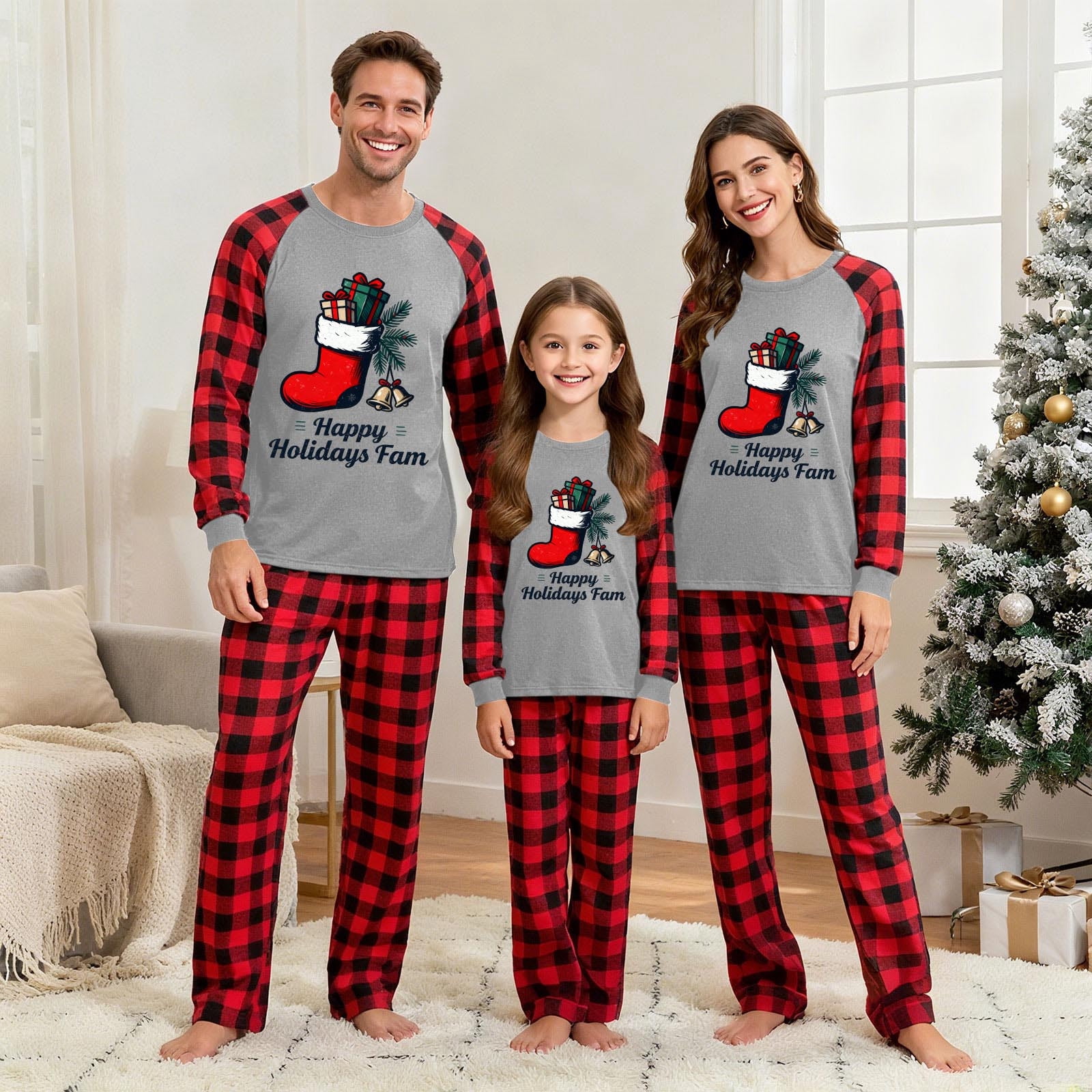 Uaswgudfs Christmas Pajama Set, Happy Holidays Fam Plaid Long Sleeve ...