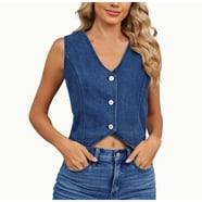 INSPIRE CHIC Women's Denim Vest Halter Neck Button Down Backless Jean Waistcoat S Gray Blue ...