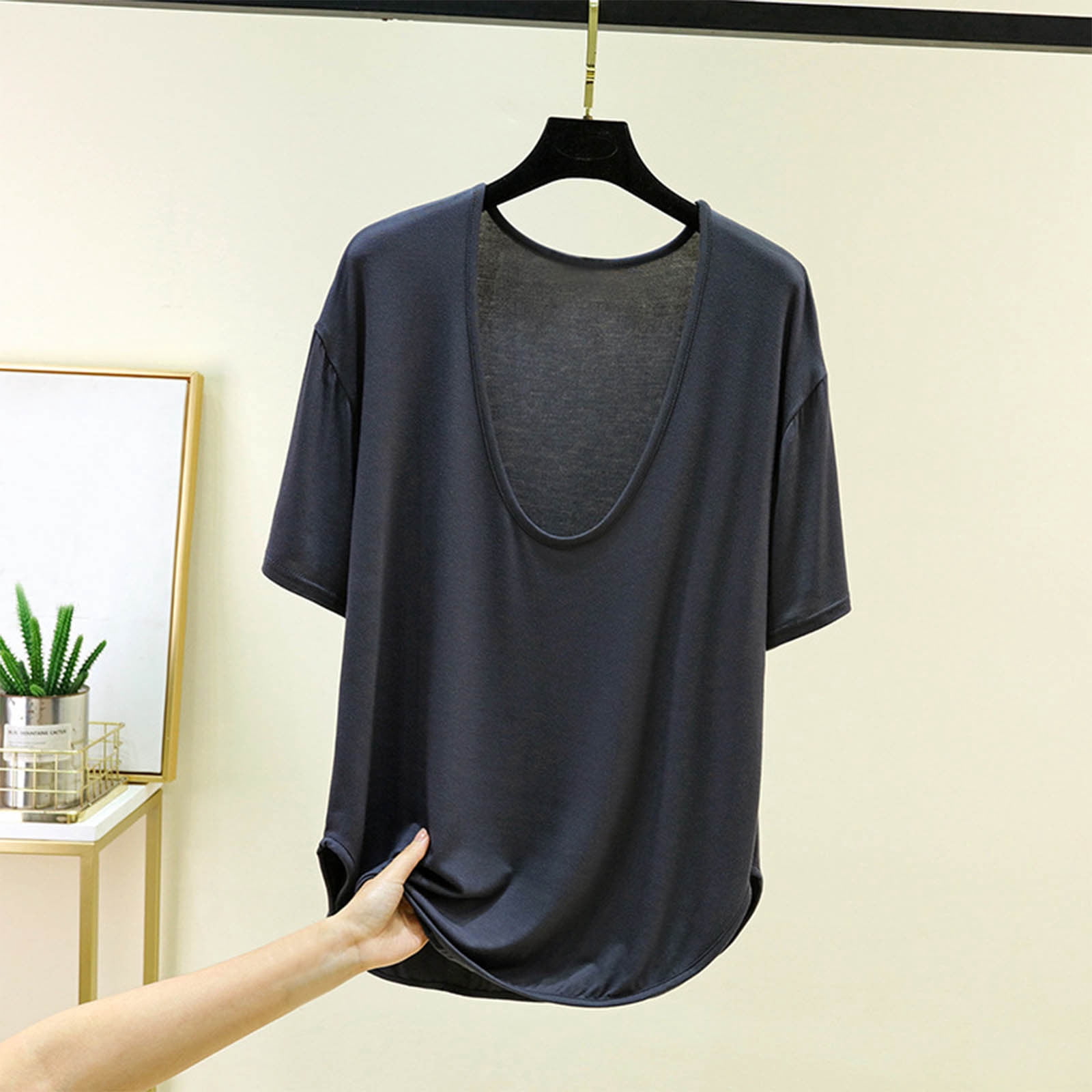 Uaswgudfs Short Sleeve Tops for Women Loose Casual Top Solid Modal ...
