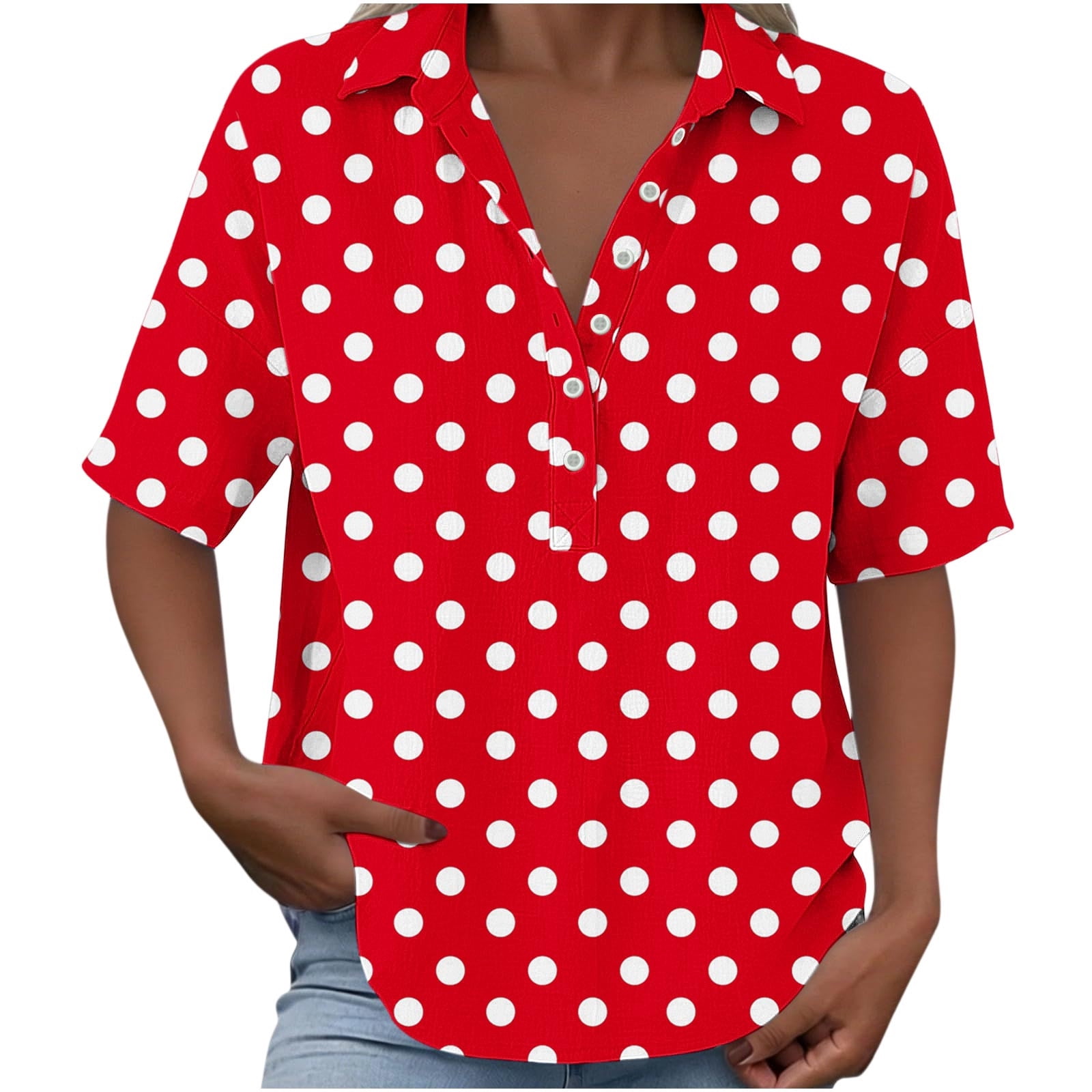 Uaswgudfs Short Sleeve Tops for Women Polka Dot Cotton Button-Down ...