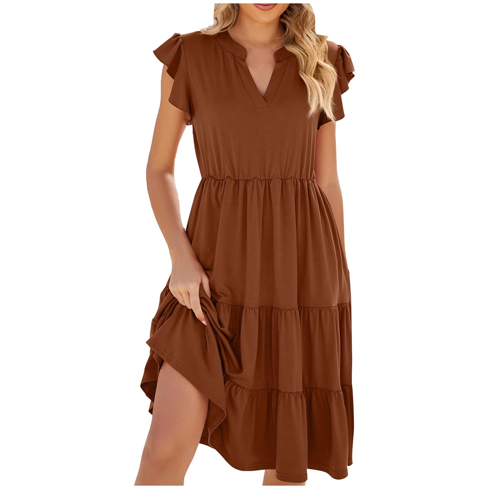 Uaswgudfs Women's 2025 Summer Short Sleeve Midi Dress - V-Neck Tiered ...