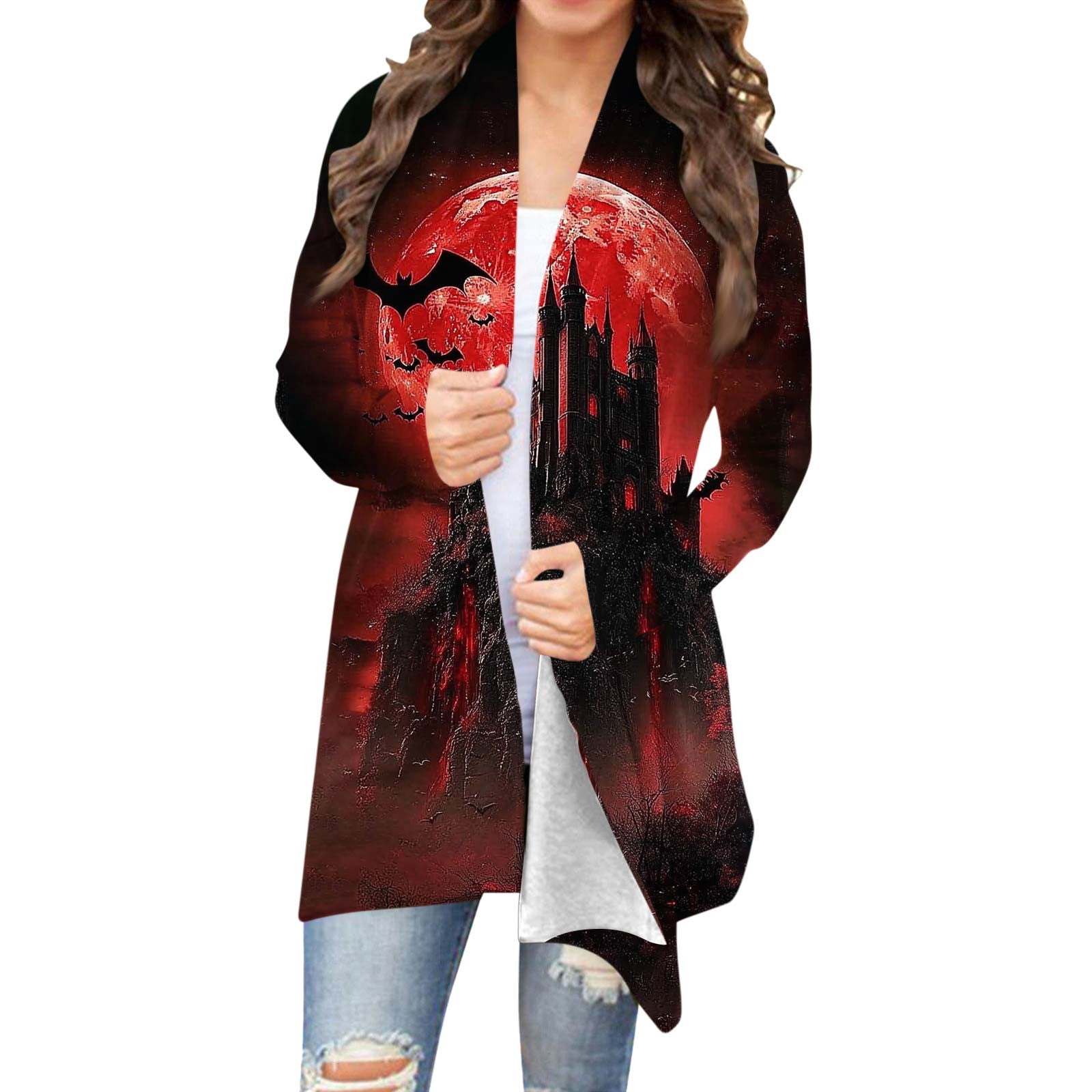 Uaswgudfs Women's Cardigan Autumn Spider Web Print Trench Coat ...