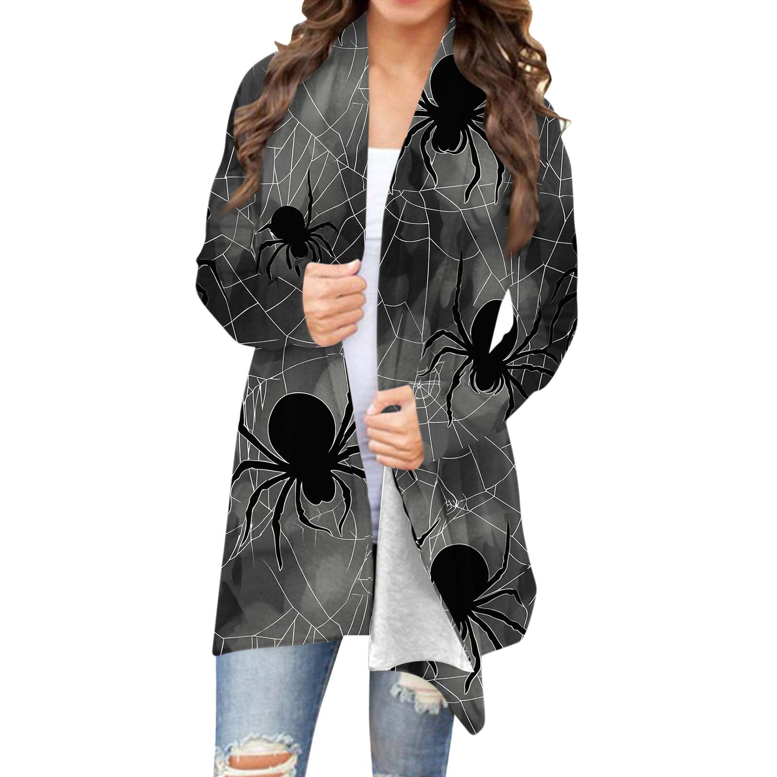 Uaswgudfs Women's Cardigan Autumn Spider Web Print Trench Coat ...