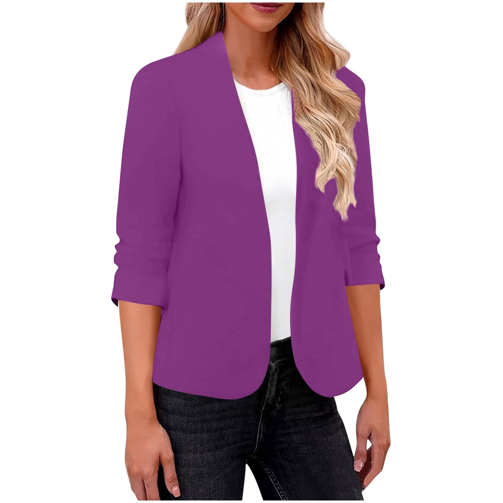 Uaswgudfs Women's Collarless Slim Blazer - 3/4 Sleeve Lightweight ...