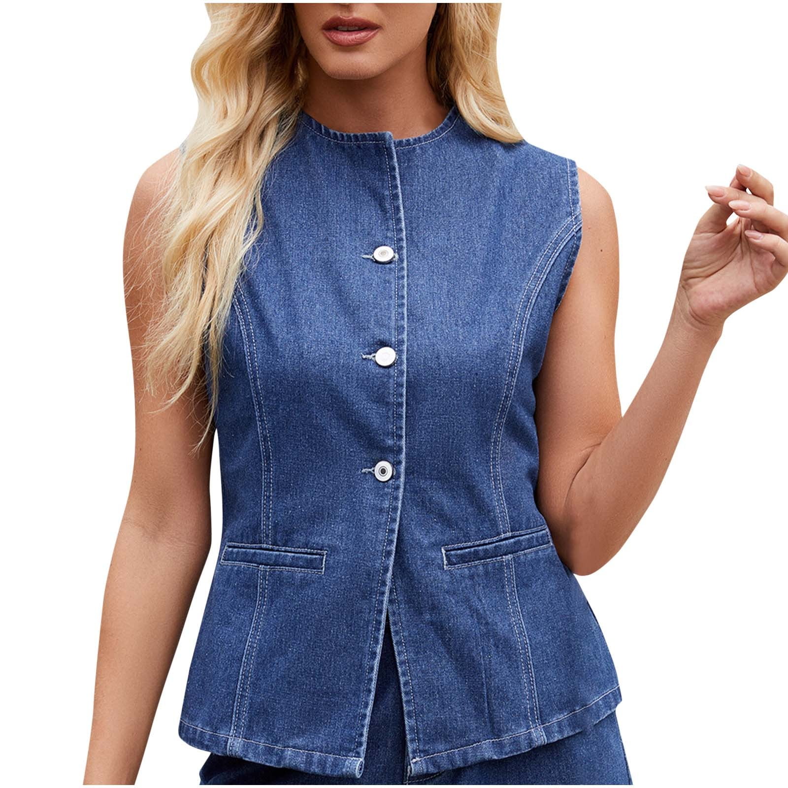 Uaswgudfs Women's Denim Tank Vest - Crew Neck Sleeveless Button Down ...