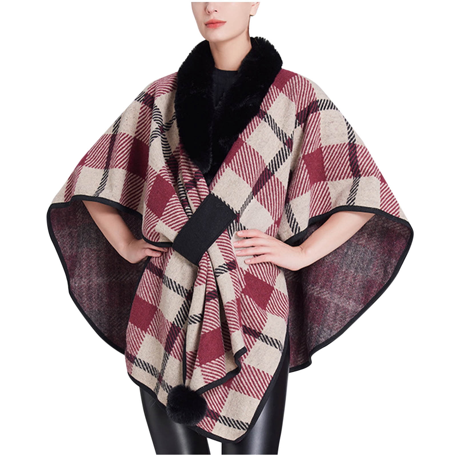Uaswgudfs Women's Fall/Winter Wool-Blend Cape Coat: Faux Fur Collar w ...