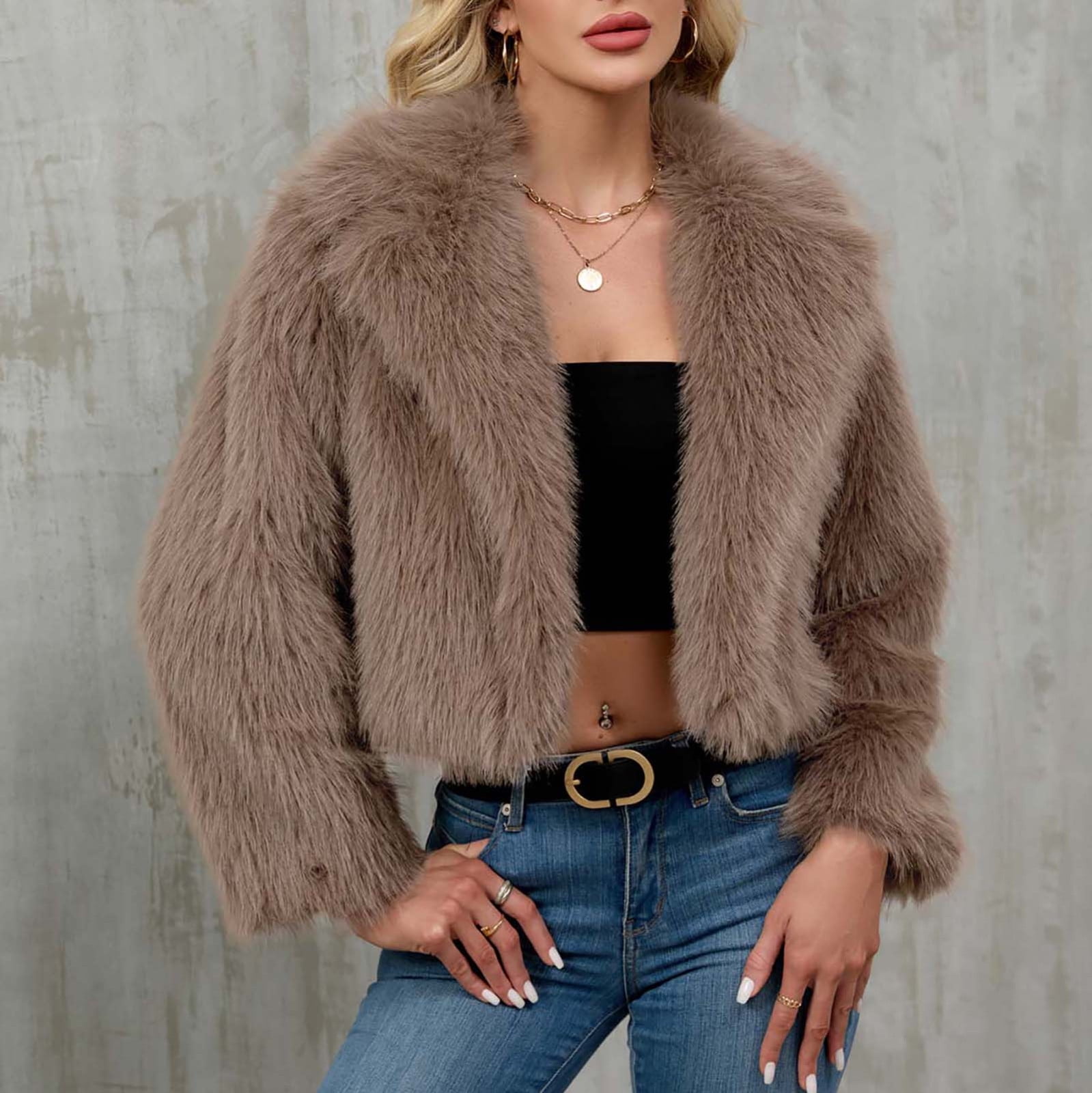 Uaswgudfs Women's Faux Fur Plush Fleece Jacket Plush Fluffy Open Front ...