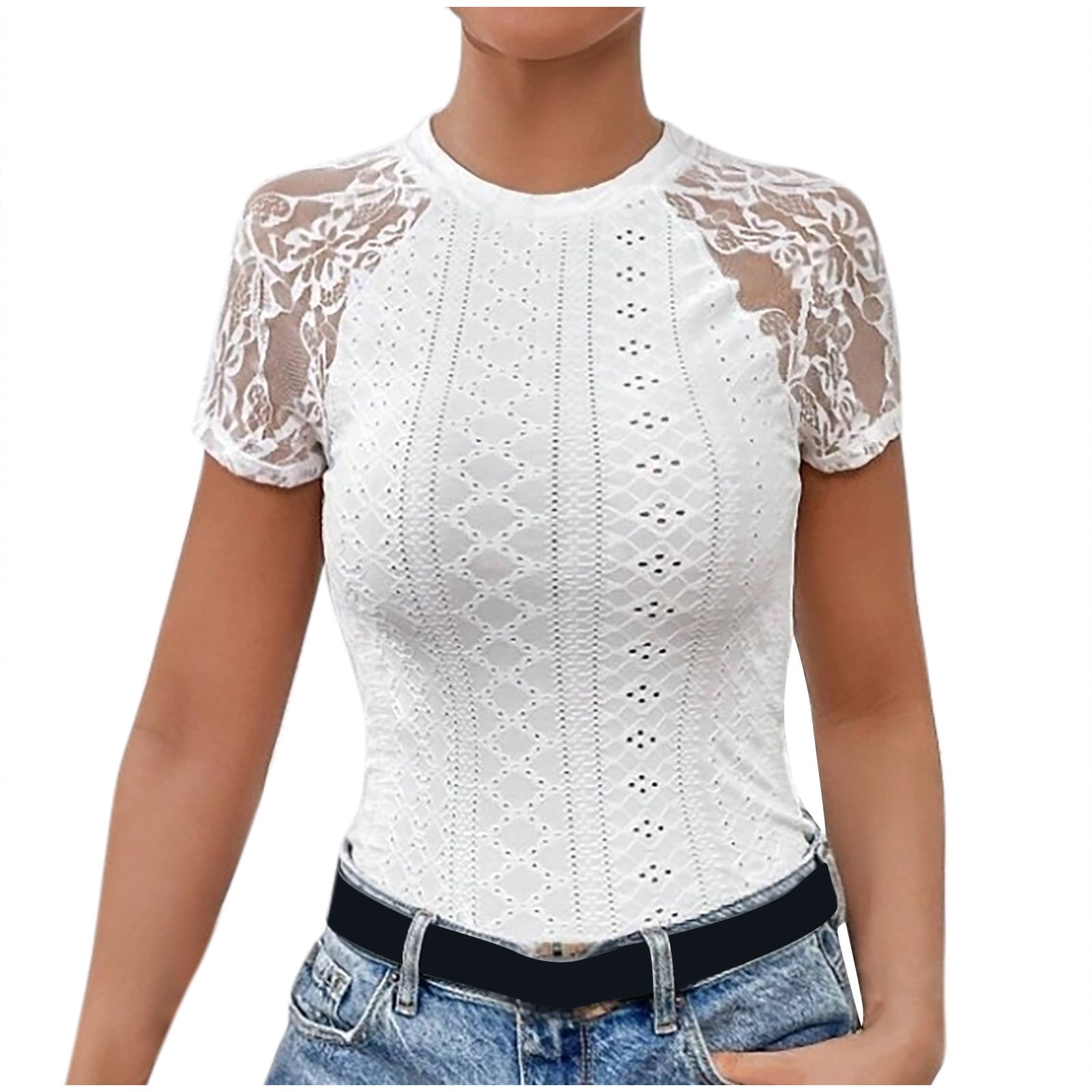 Uaswgudfs Women's Lace Short Sleeve Blouse: Sheer Cut-Out Accent Top ...