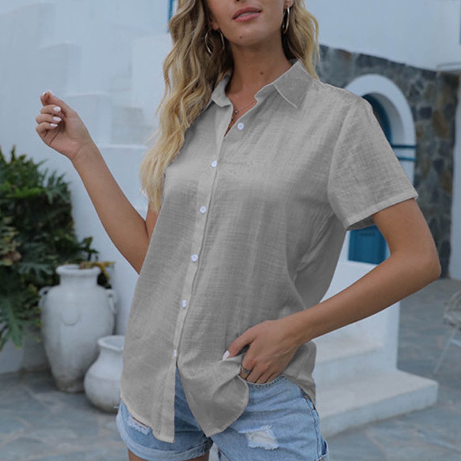 Uaswgudfs Women's Button Short Sleeve Shirts Collared Tops Spring ...