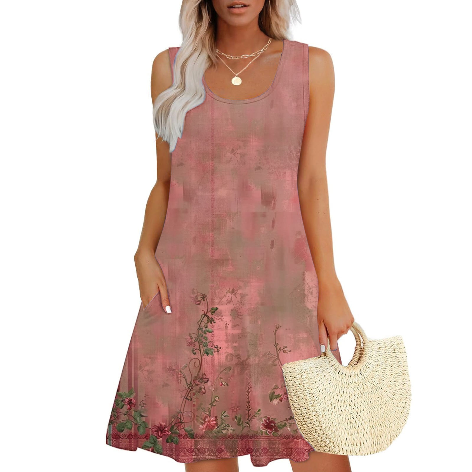 Uaswgudfs Women’s Sleeveless Round Neck Midi Dress - Floral Print Side & Hem Accents Casual ...