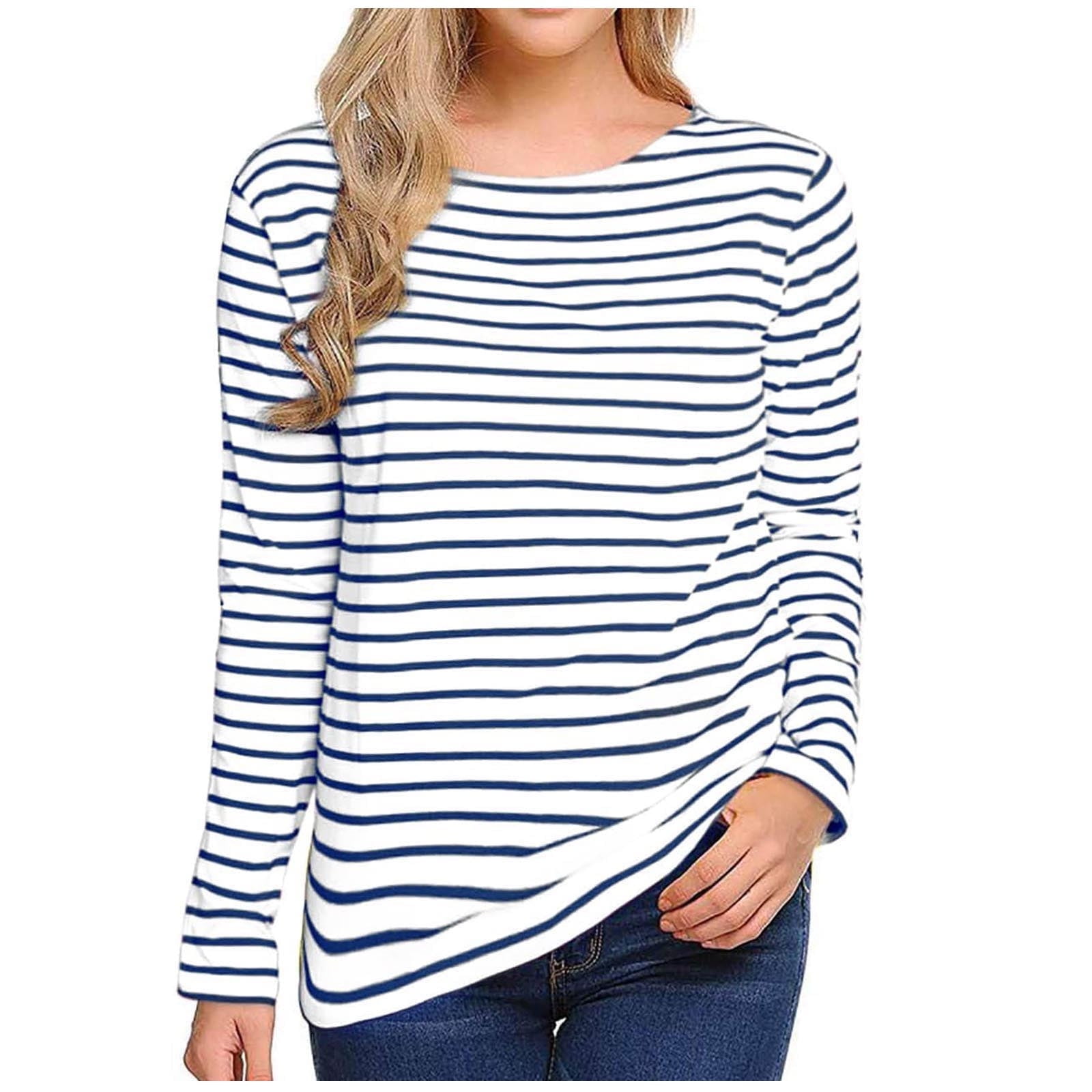Uaswgudfs Womens Striped Long Sleeve Shirts Boat Neck Tunic Tops Loose ...