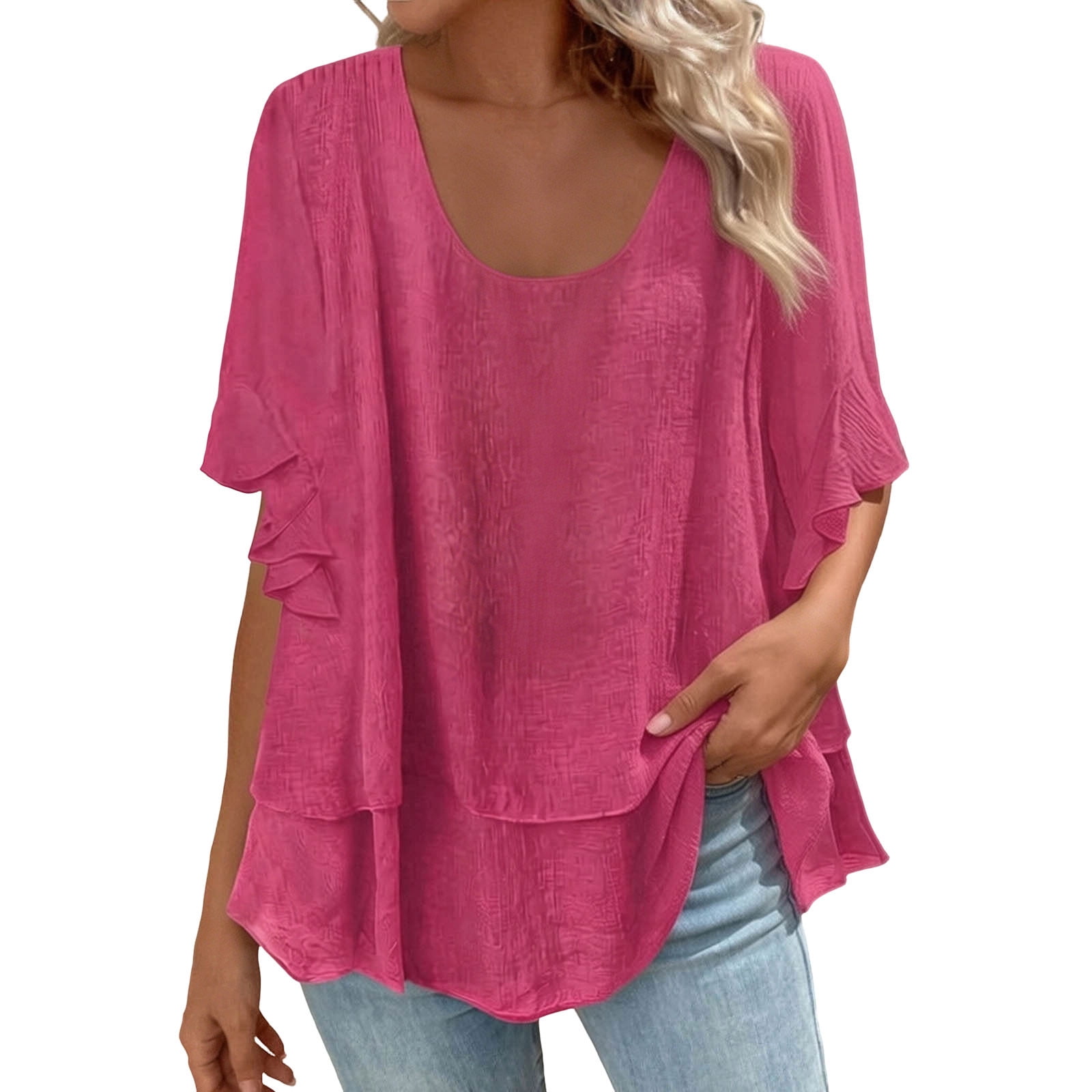 Uaswgudfs Womens Summer Tops Solid Half Sleeve Ruffle Top Casual Loose ...