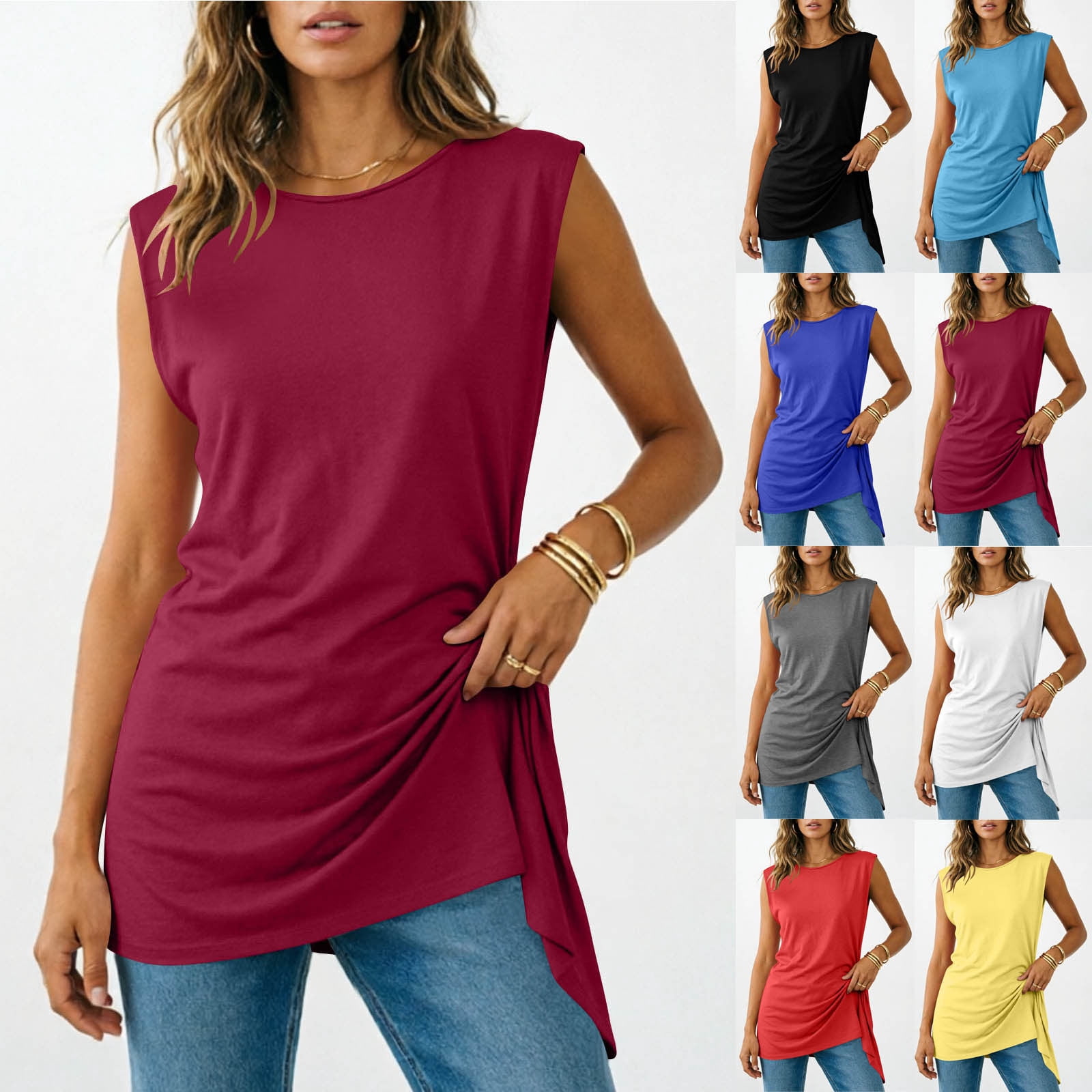 Uaswgudfs Womens Tank Tops Tunic Tops Side Tie Waist Asymmetric Hem ...