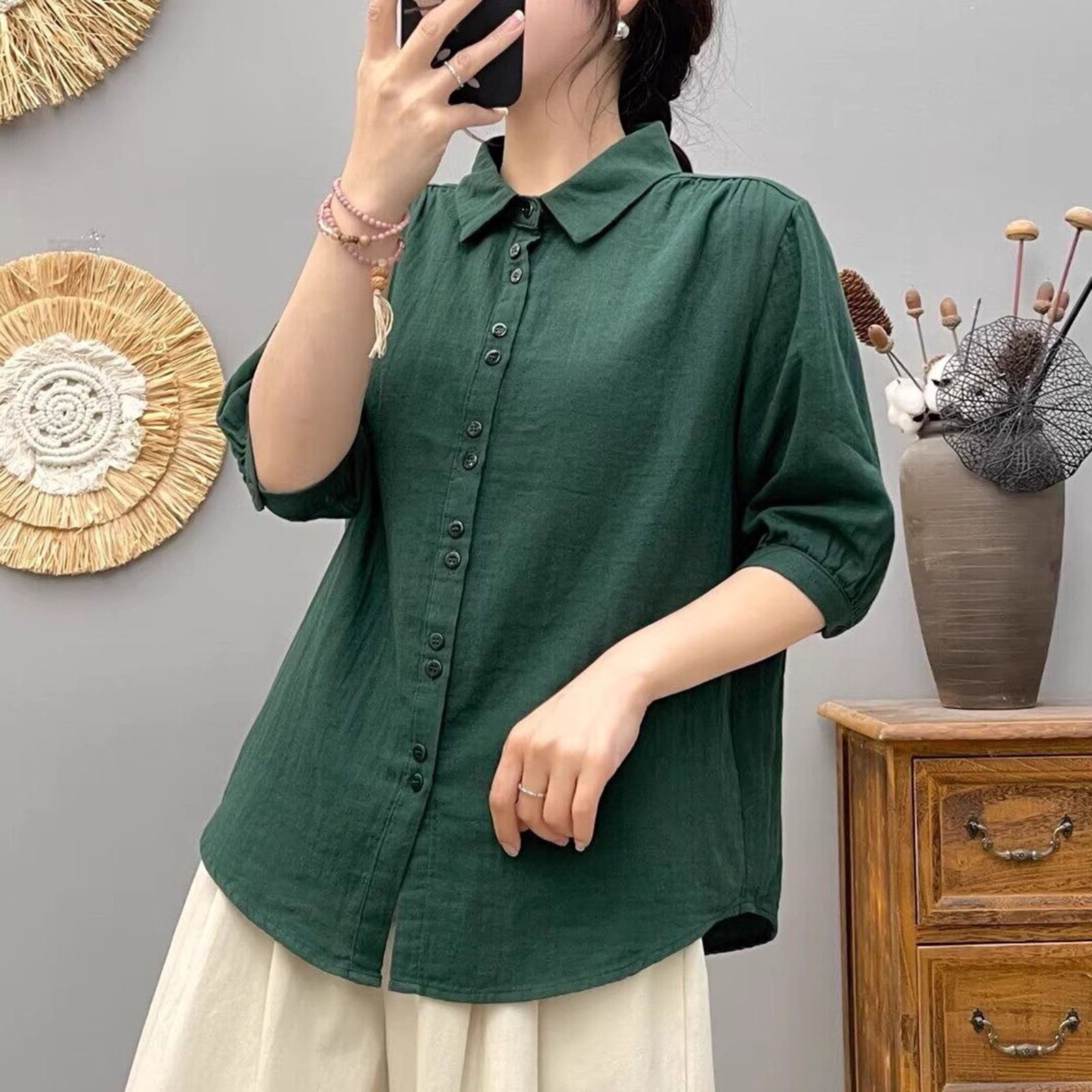 Uaswgudfs Womens Tops Solid Button Down Shirt Loose Cuffed Lapel Blouse ...