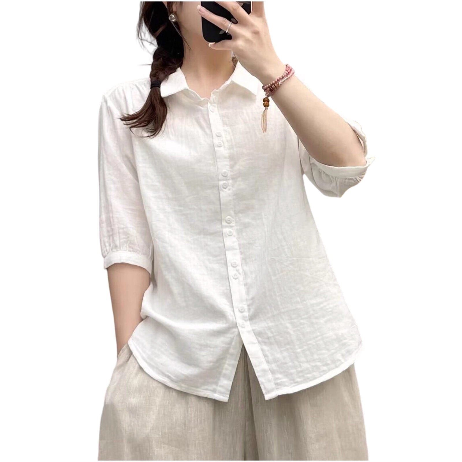 Uaswgudfs Womens Tops Solid Button Down Shirt Loose Cuffed Lapel Blouse ...