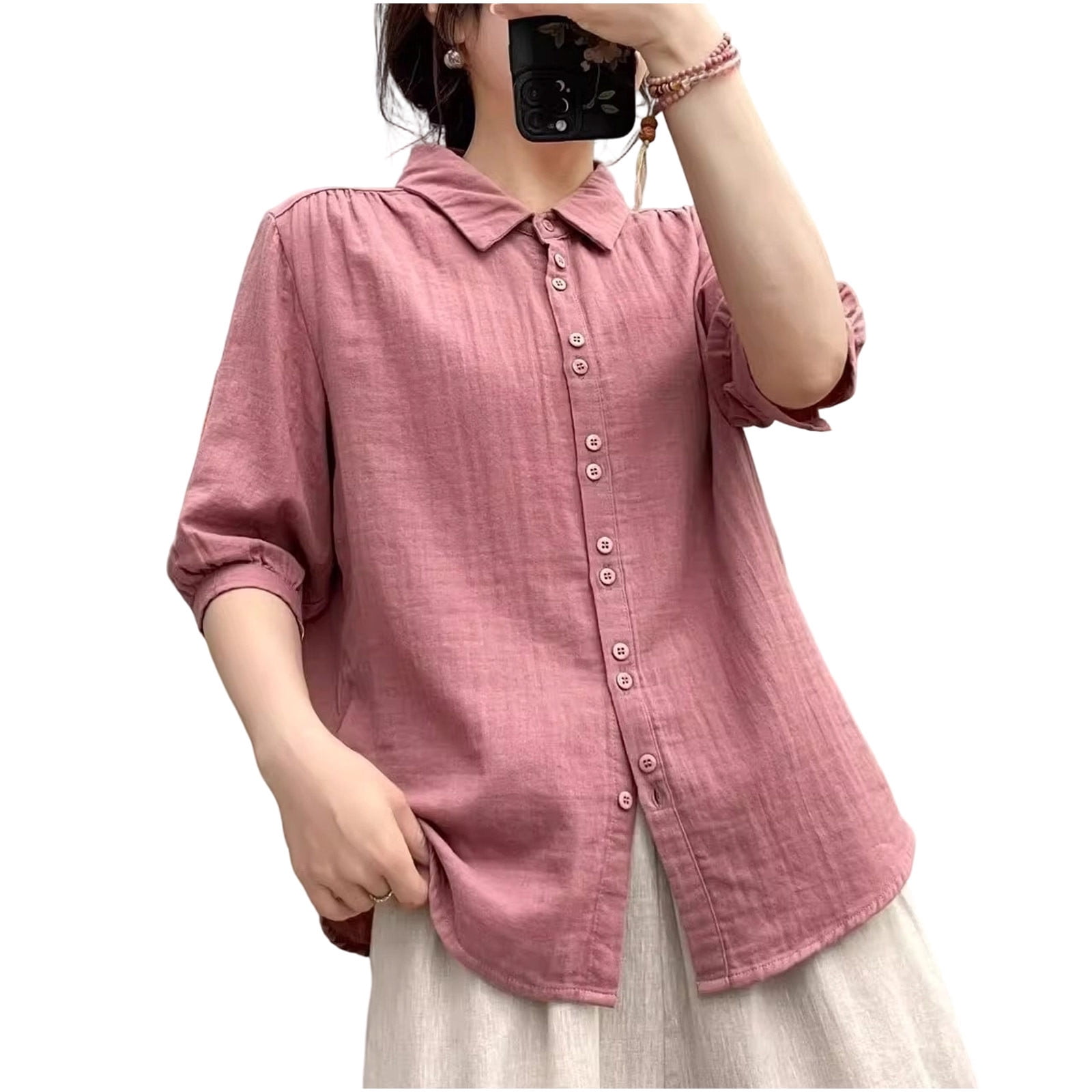 Uaswgudfs Womens Tops Solid Button Down Shirt Loose Cuffed Lapel Blouse ...