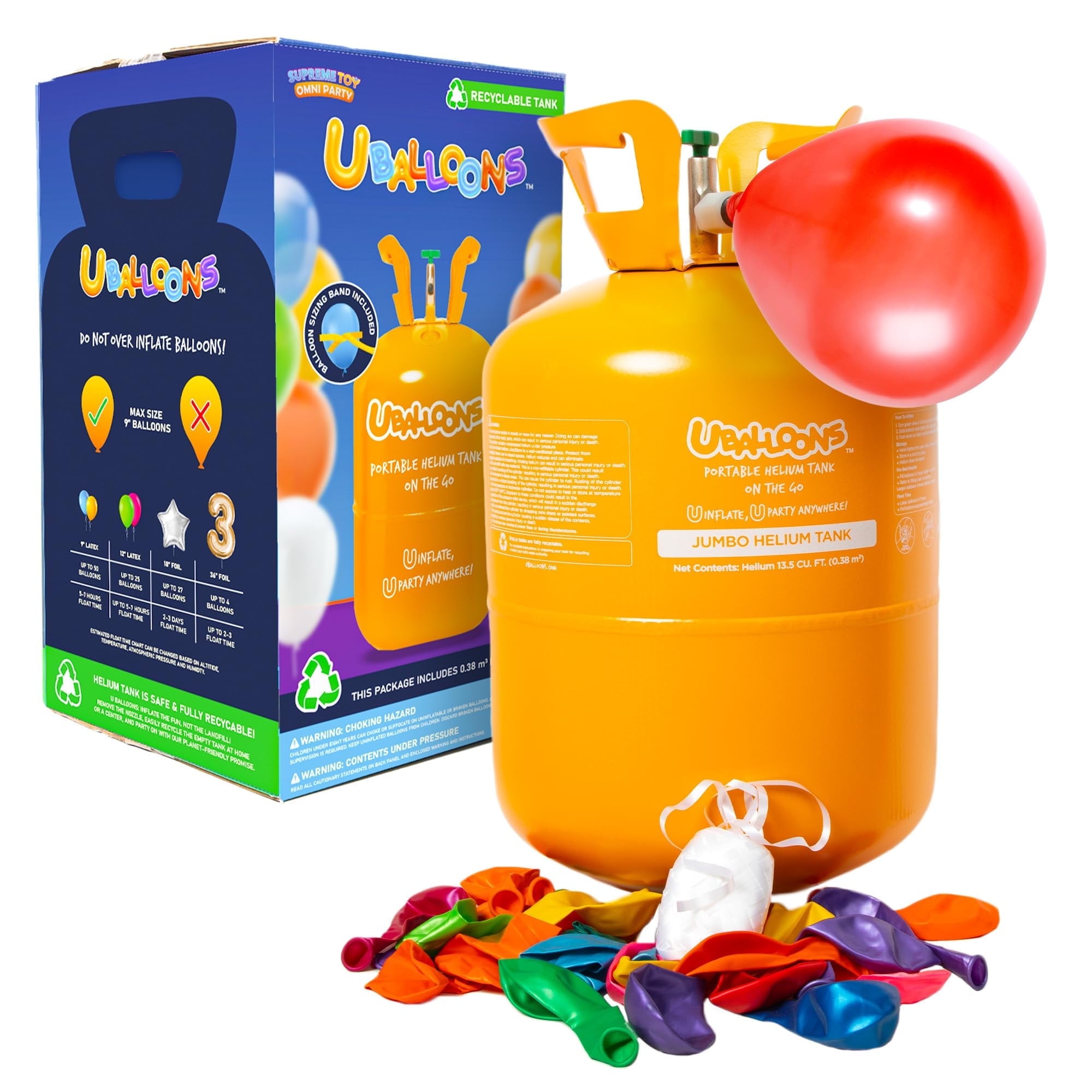 Uballoons Recyclable 13 cu. ft Jumbo Helium Tank with 50 9" Assorted ...