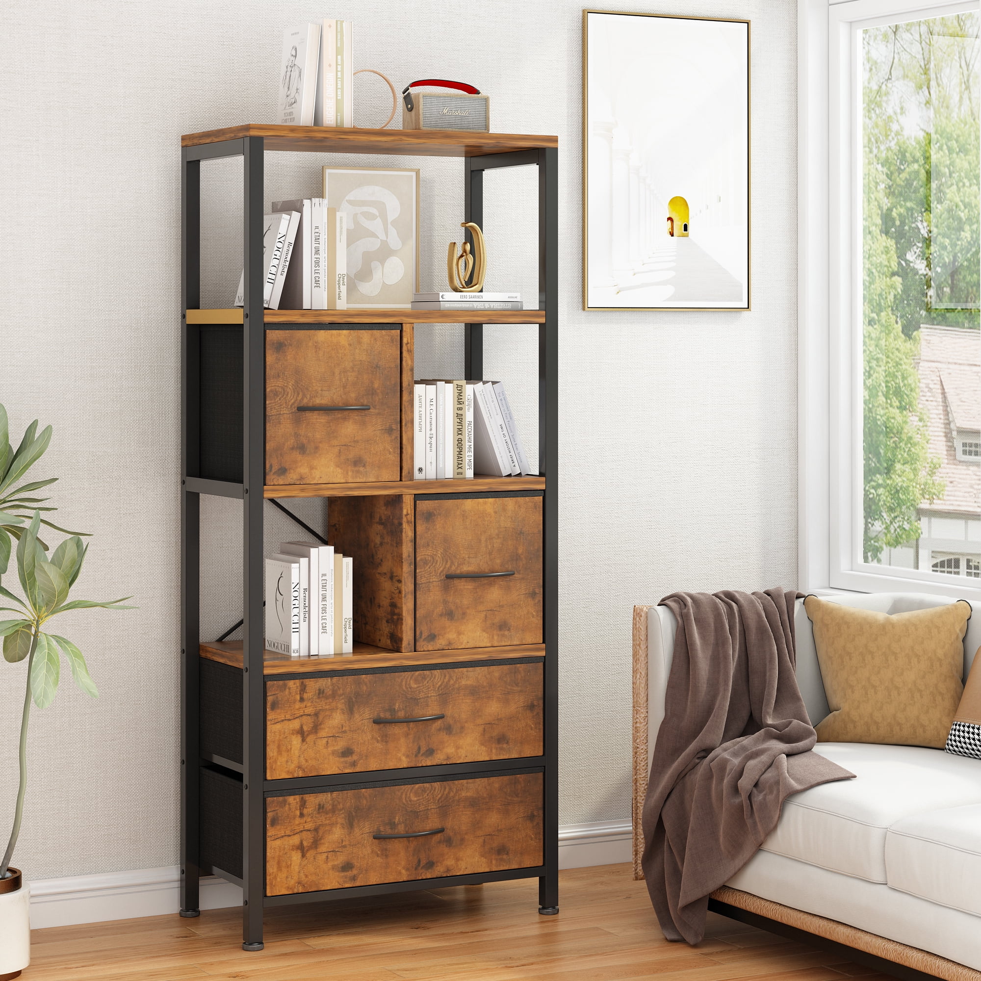 Ubesgoo 5 Tier Bookcase, Freestanding Bookshelf with 4 Drawers, Open ...