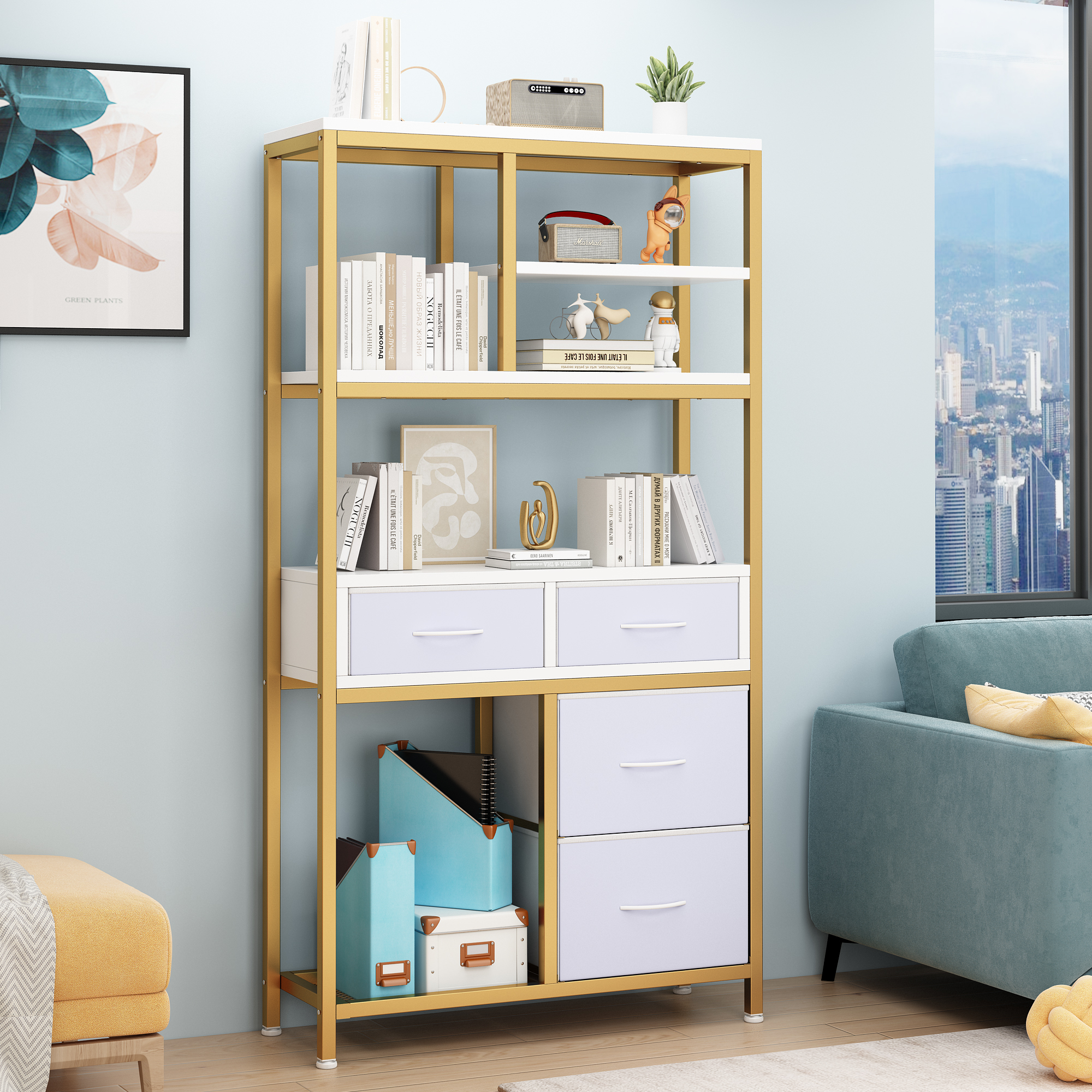 Ubesgoo 6 Tier Bookcase, Industrial Bookshelf with 4 Drawers, Open ... Ubesgoo 6 Tier Bookcase, Industrial Bookshelf with 4 Drawers, Open ...