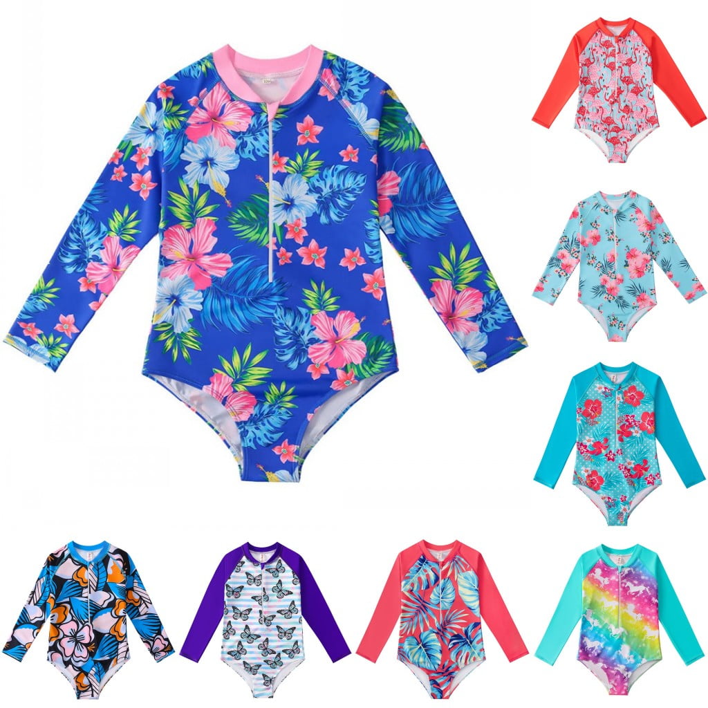 Uccdo 2-12Y Girls Rashguard One-Piece Swimsuits Long Sleeve Zipper ...