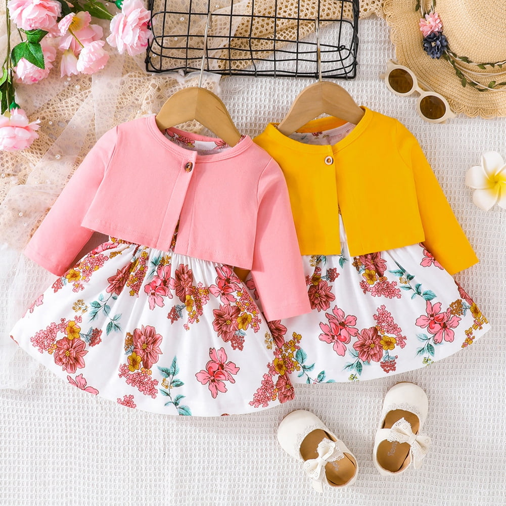 Uccdo 3M-3T Toddler Baby Girl Fall Outfits Floral A-line Dress + Button ...