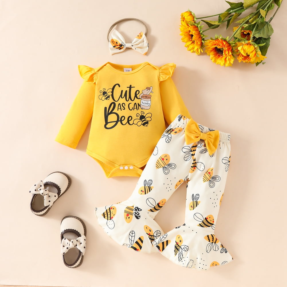 Uccdo 3Pcs Newborn Baby Girls Clothes Cute Print Romper+Flare Lone ...