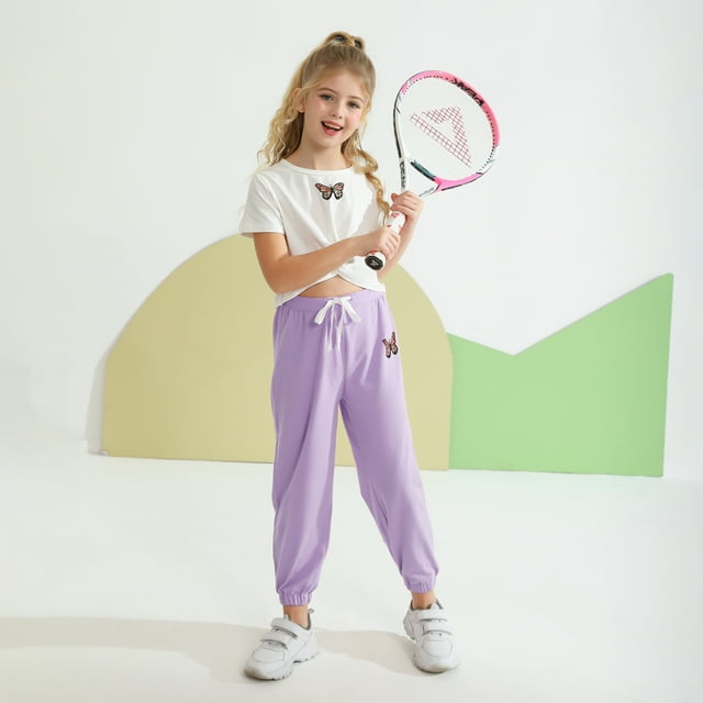 Uccdo Girls 2 Piece Outfits Cute Crop Tops and Pants Sweatpant Set Kids ...