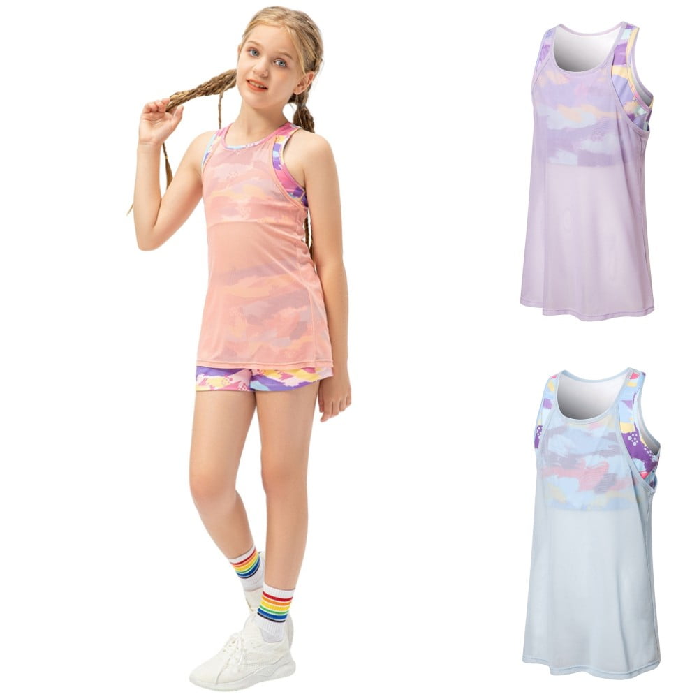 Uccdo Girls Summer Athletic Sports Mesh Tank Tops 2 in 1 Kids Running ...