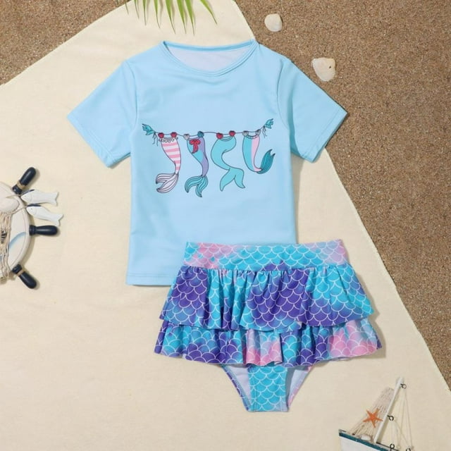 Uccdo Girls Swimsuits Two Piece Swim Shirts+Ruffled Bottom Bathing Suit ...