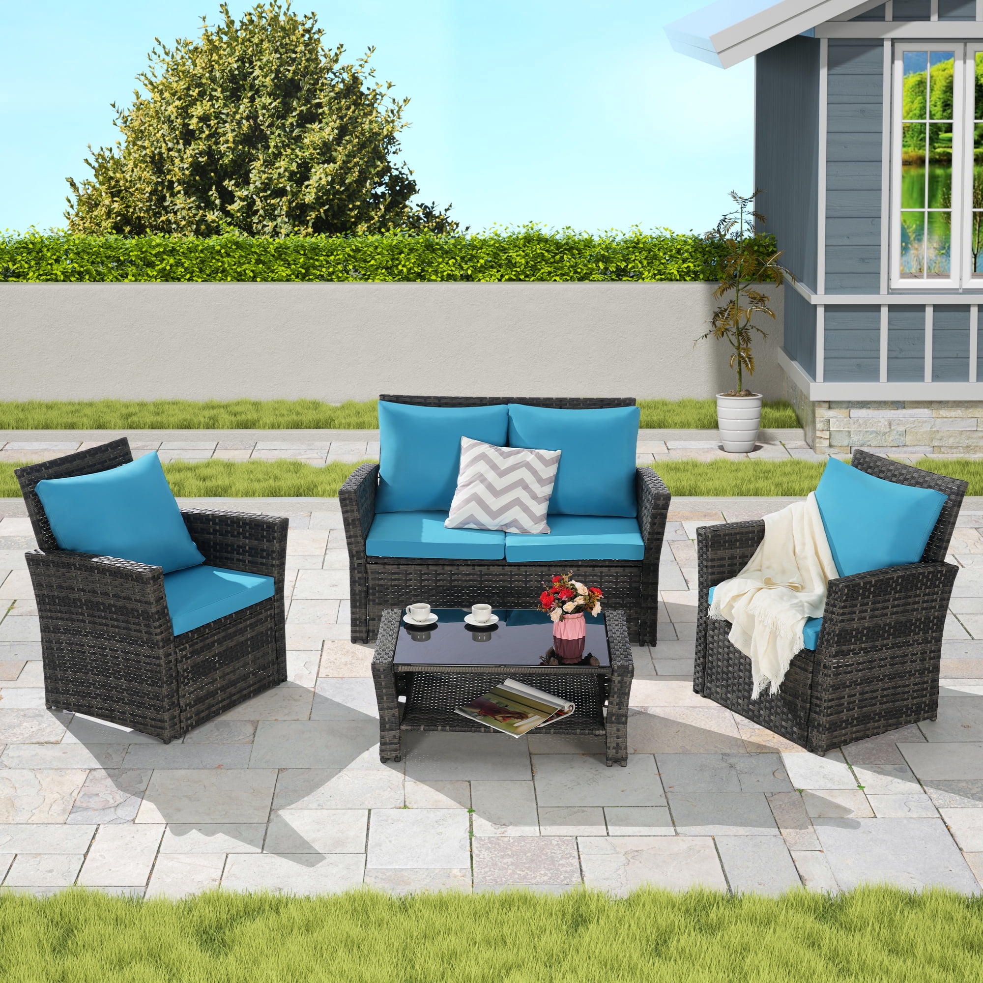 Ucloveria 4-Piece Outdoor Patio Furniture Set, Rattan Wicker Chairs ...
