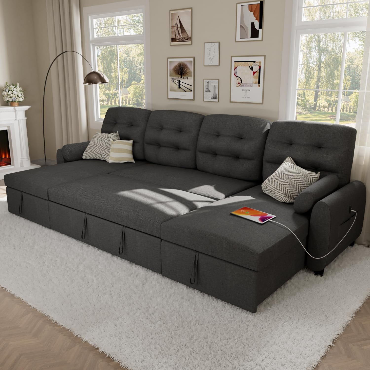 Ucloveria Sectional Sofa Couch, 112" Sleeper Sofa Bed with Dual ...