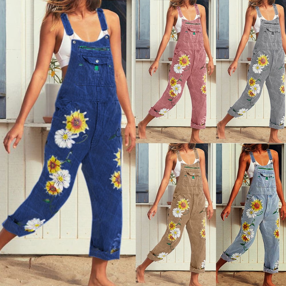 Uehgn Women Casual Bib Overall Dungarees Sunflower Print Pockets Denim ...
