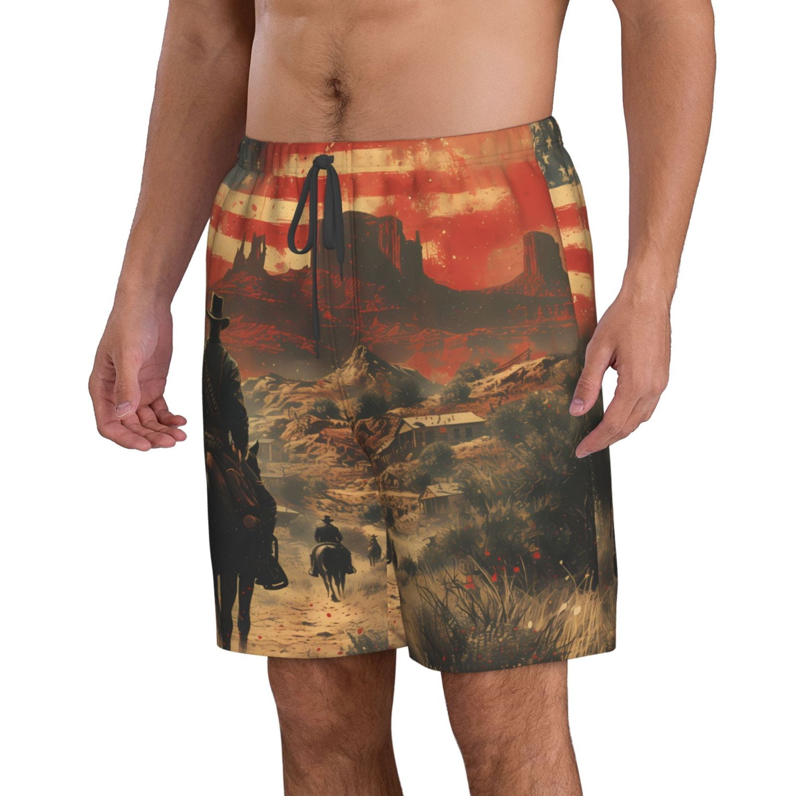 Uemuo 1860s Style American Cowboy Pattern Men's Swim Trunks Hawaiian ...