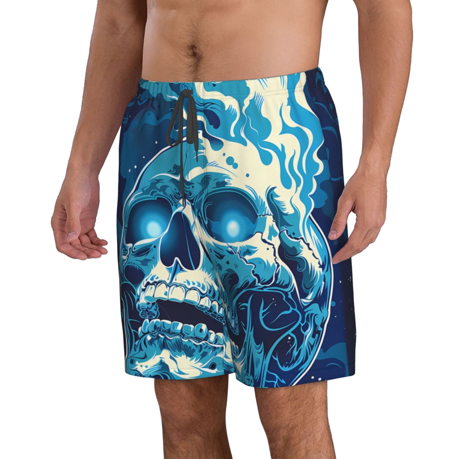 Uemuo Abstract Blue Skull Pattern Men's Swim Trunks Hawaiian Beach ...