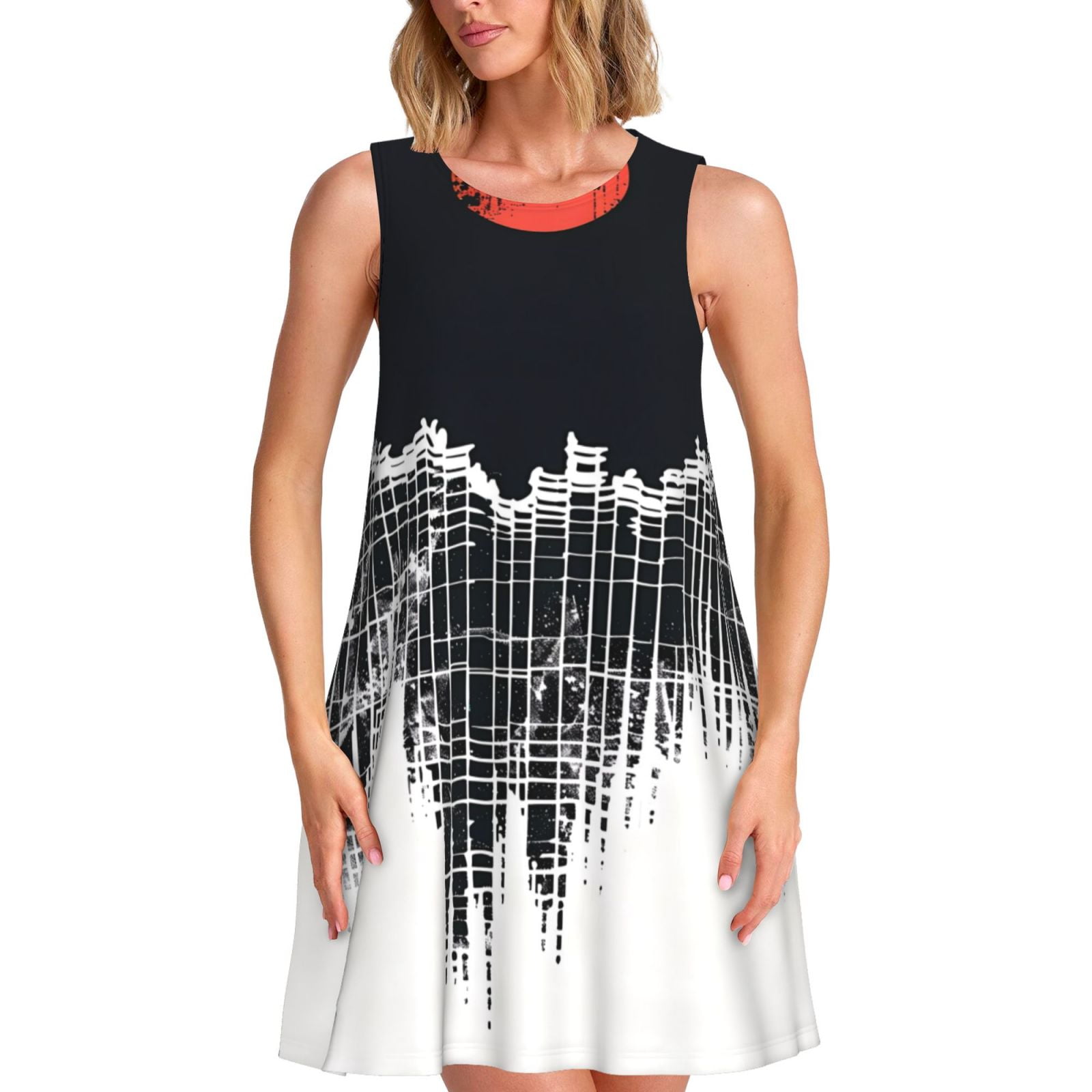 Uemuo Abstract Red Sun Design Pattern Women’s Sleeveless Dress – Casual ...