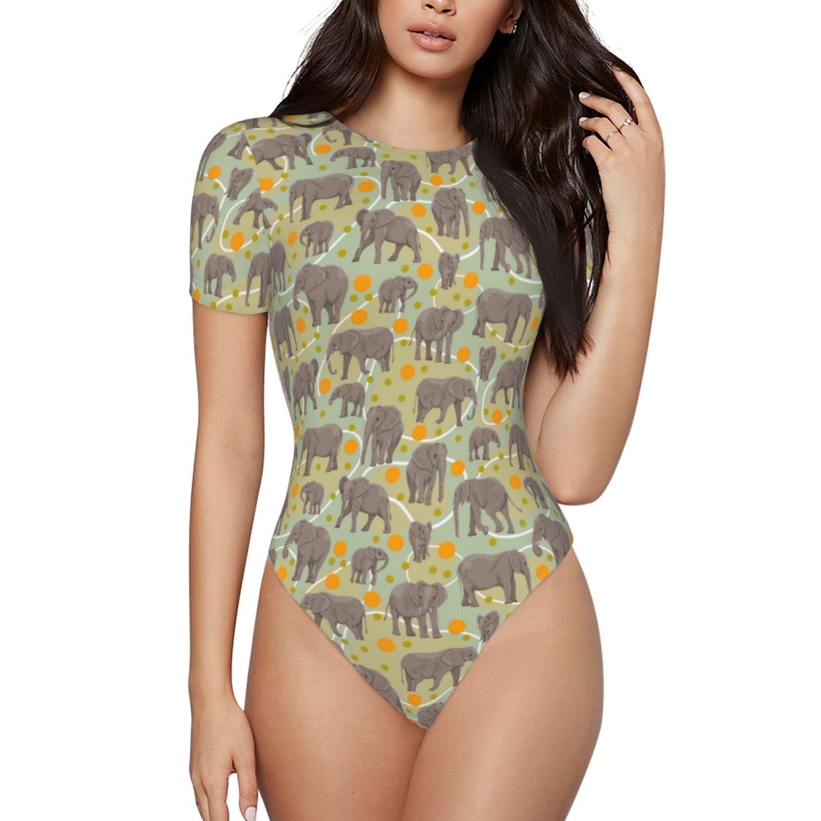 Uemuo African bush elephant Pattern Women's One Piece Short Sleeve Swimsuit Rash Guard Surfing ...